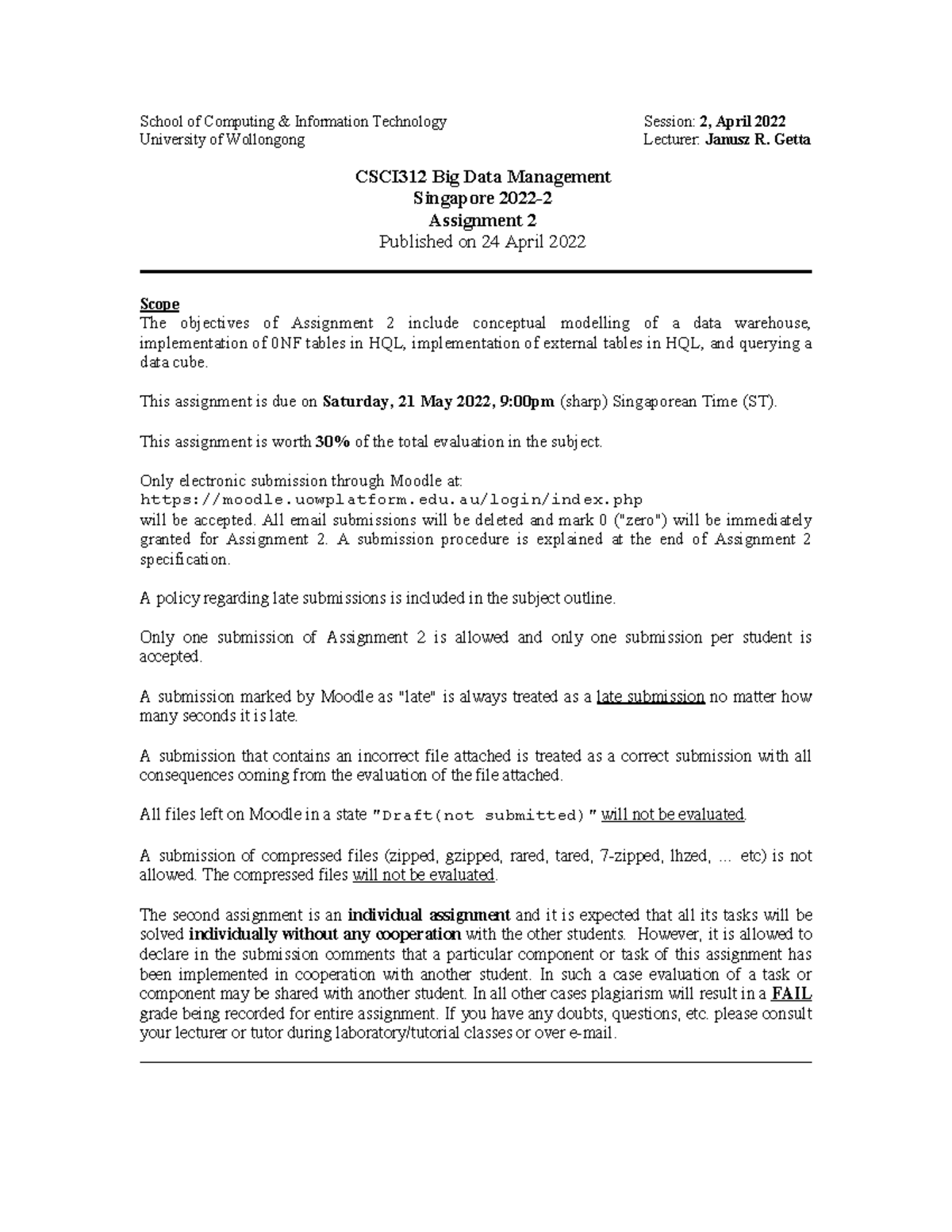 Assignment 2 - 2022 S3 - School of Computing & Information Technology Session: 2, April 2022 ...