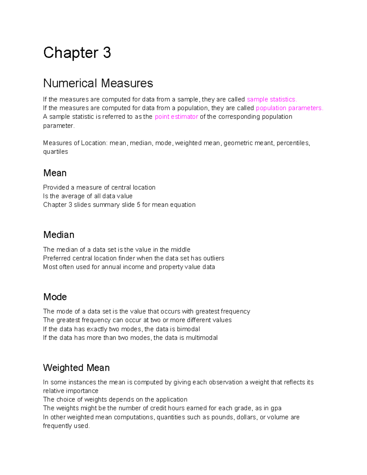 Chapter 3 - Chapter 3 Numerical Measures If the measures are computed ...