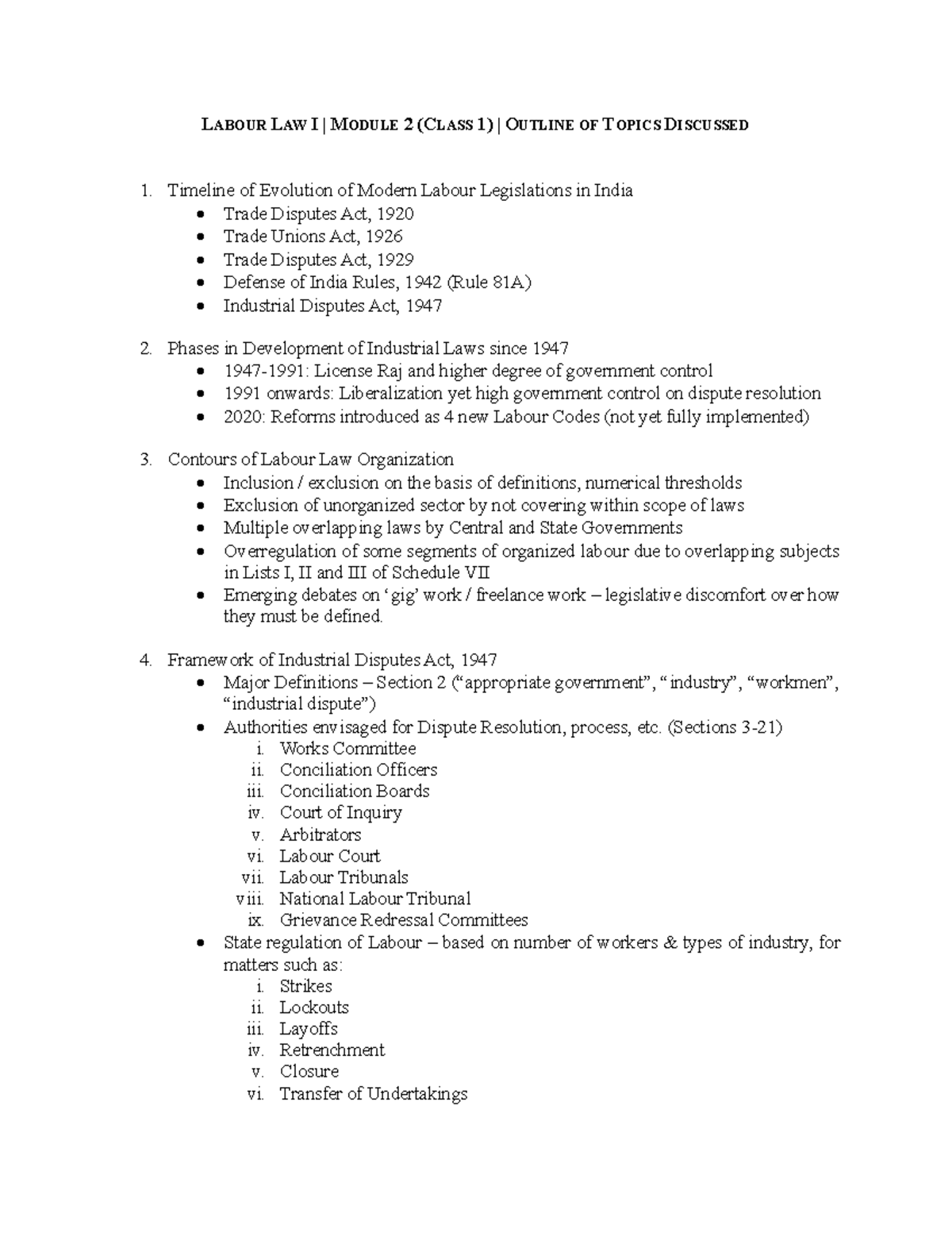 Labour Law I - Module 2 Class 1 - Outline of topics - LABOUR LAW I ...