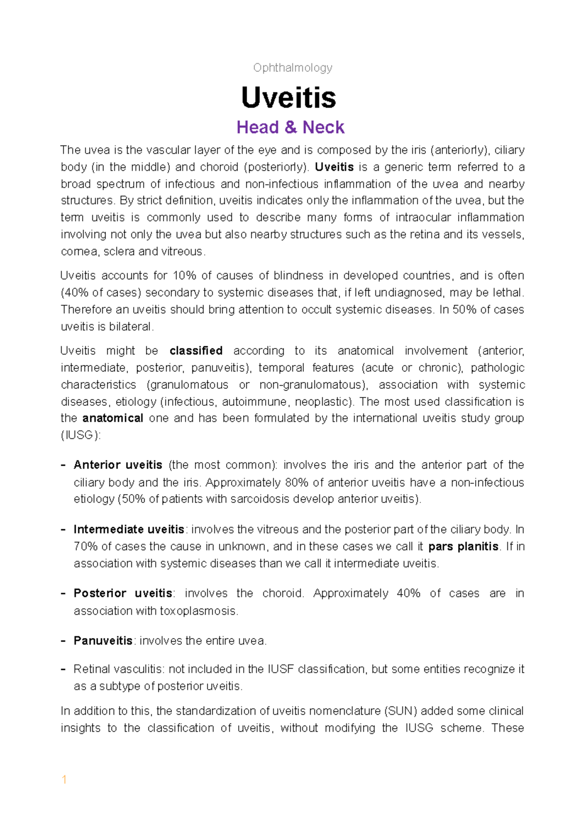 Uveitis notes - Uveitis Head & Neck The uvea is the vascular layer of ...