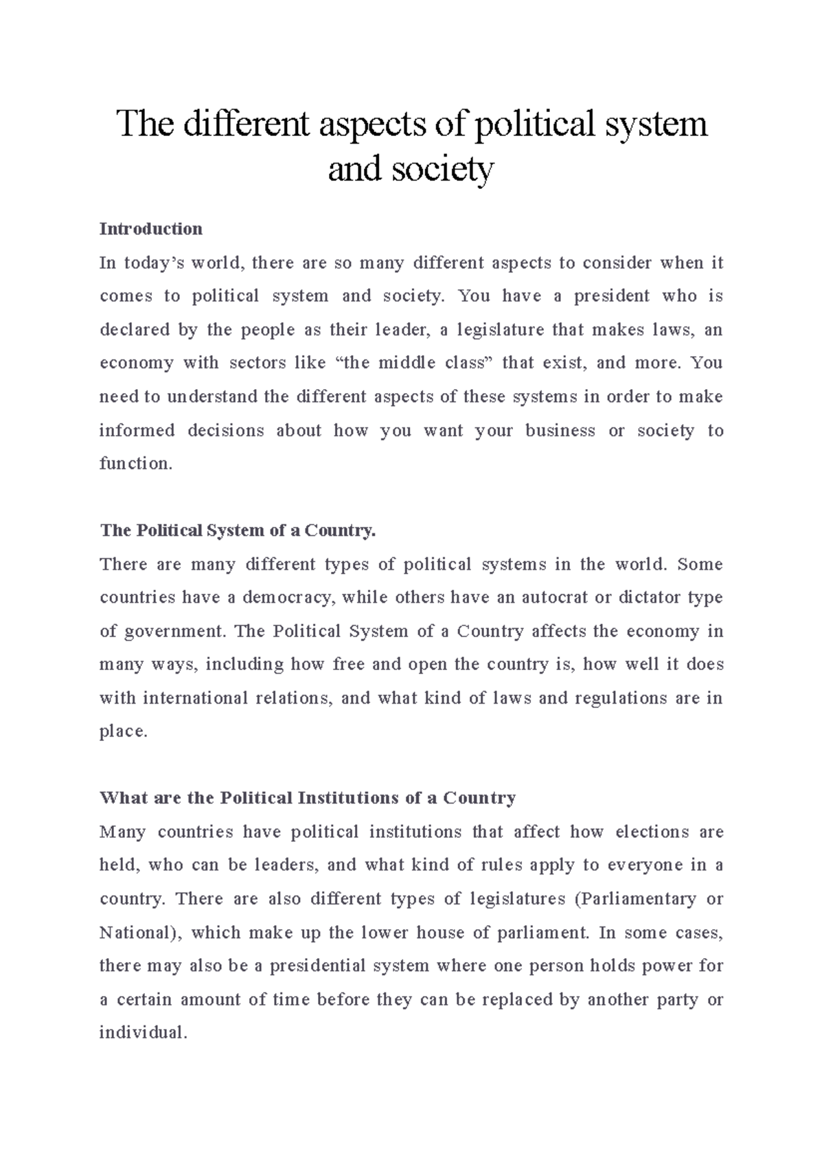 The different aspects of political system and society - The different ...