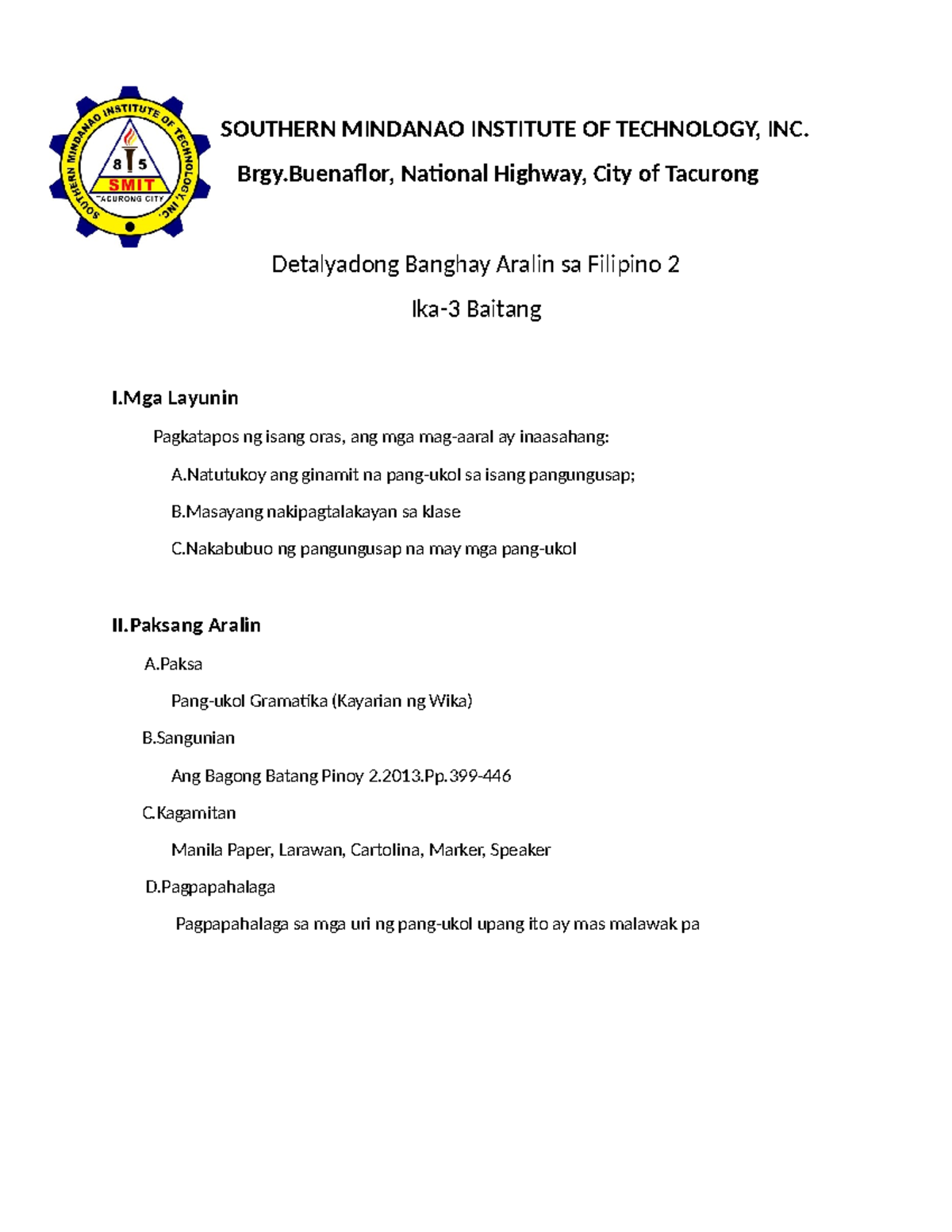 LP- Filipino - This is just a guide - SOUTHERN MINDANAO INSTITUTE OF ...