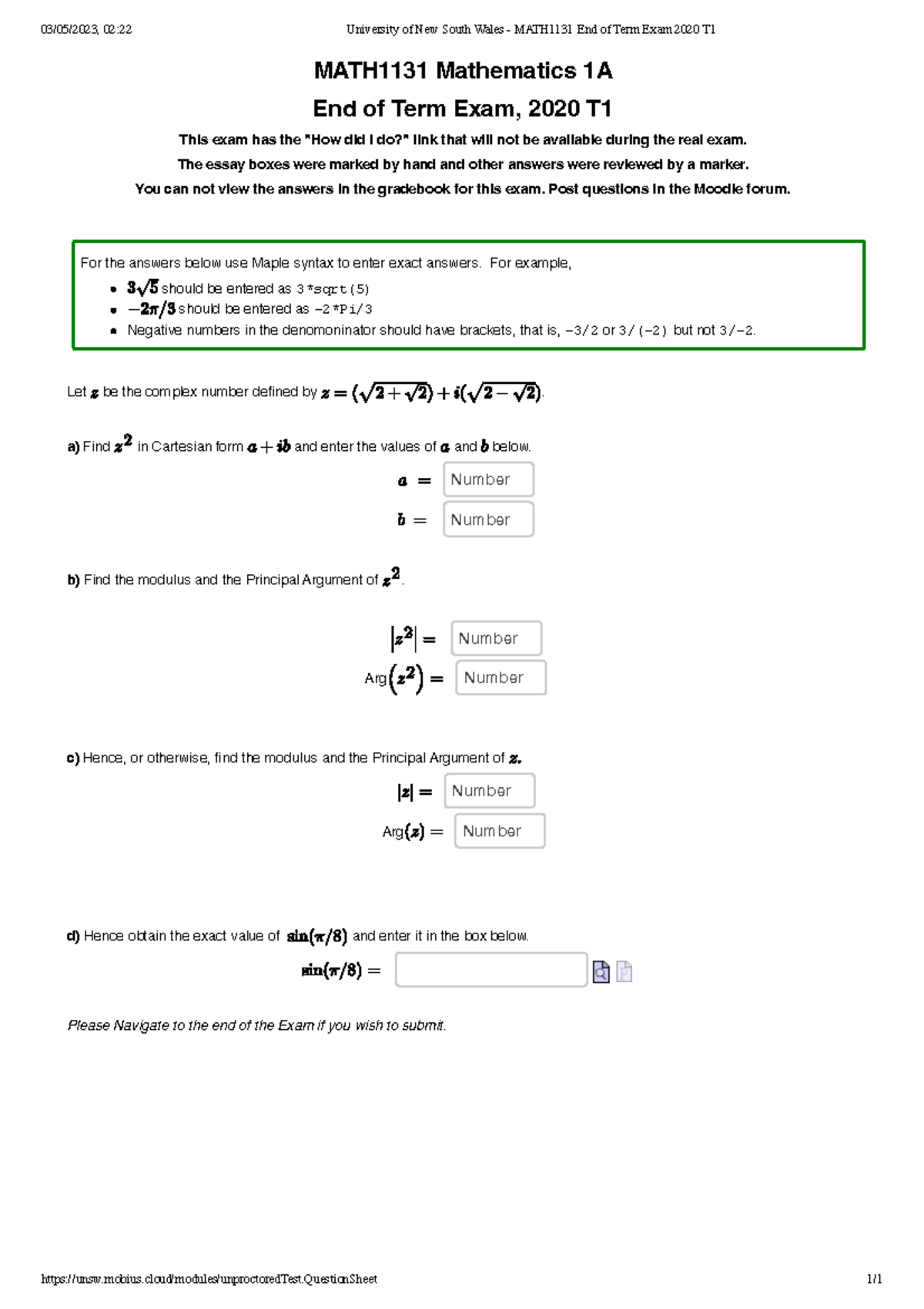 2020 t1 - 2020 t1 - MATH1131 Mathematics 1A End of Term Exam, 2020 T ...