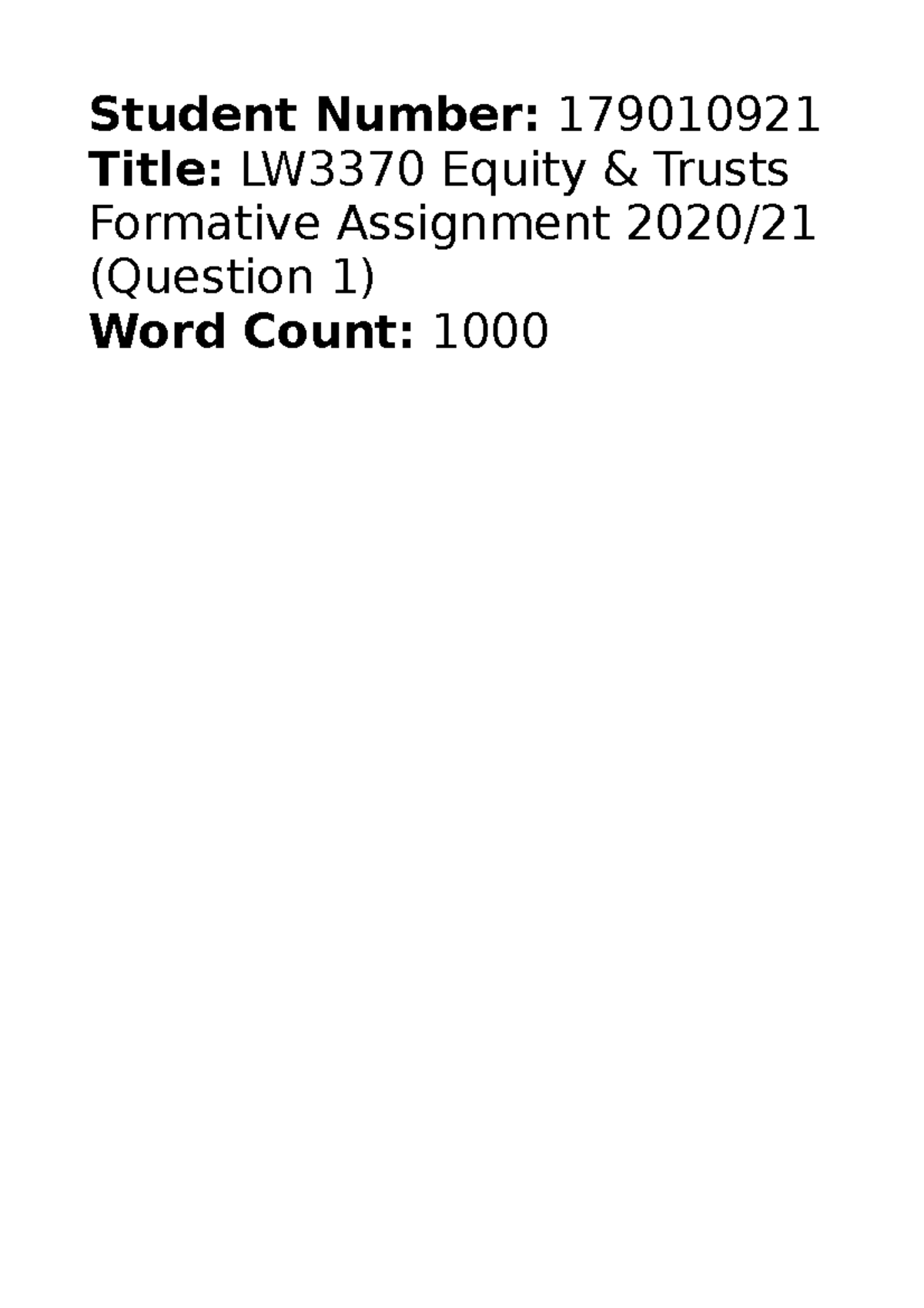 Example Formative . word 2 - Student Number: 179010921 Title: LW3370 ...