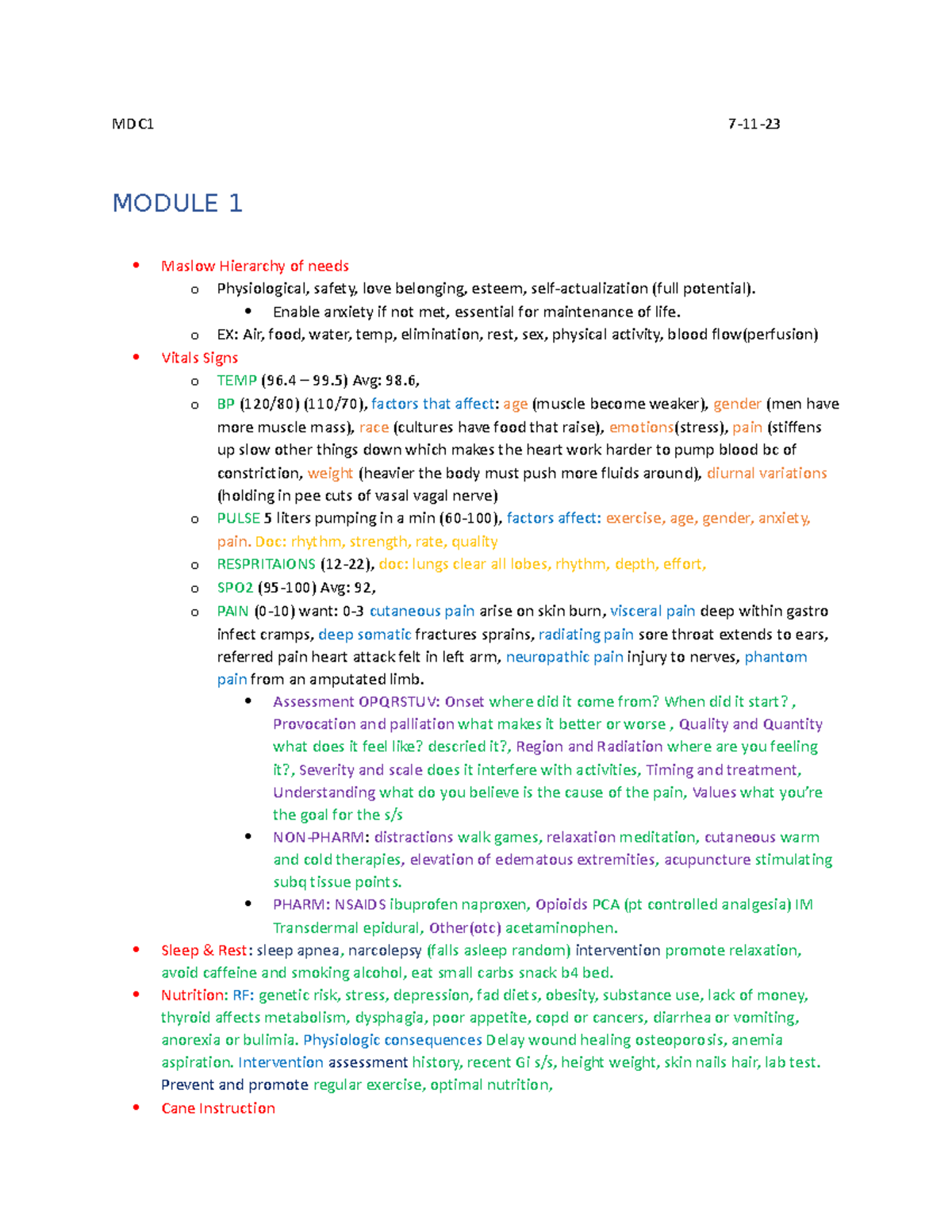 Module 1 lecture notes - vital signs - MDC1 7-11- MODULE 1 Maslow ...