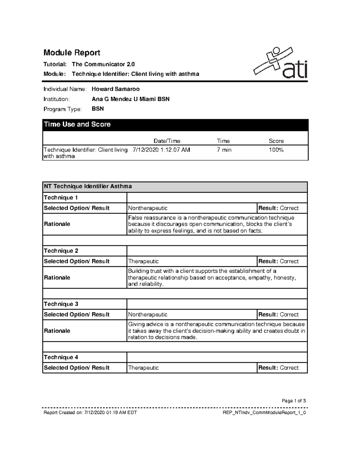 Report Asthma - Individual Name: Institution: Program Type: Howard ...