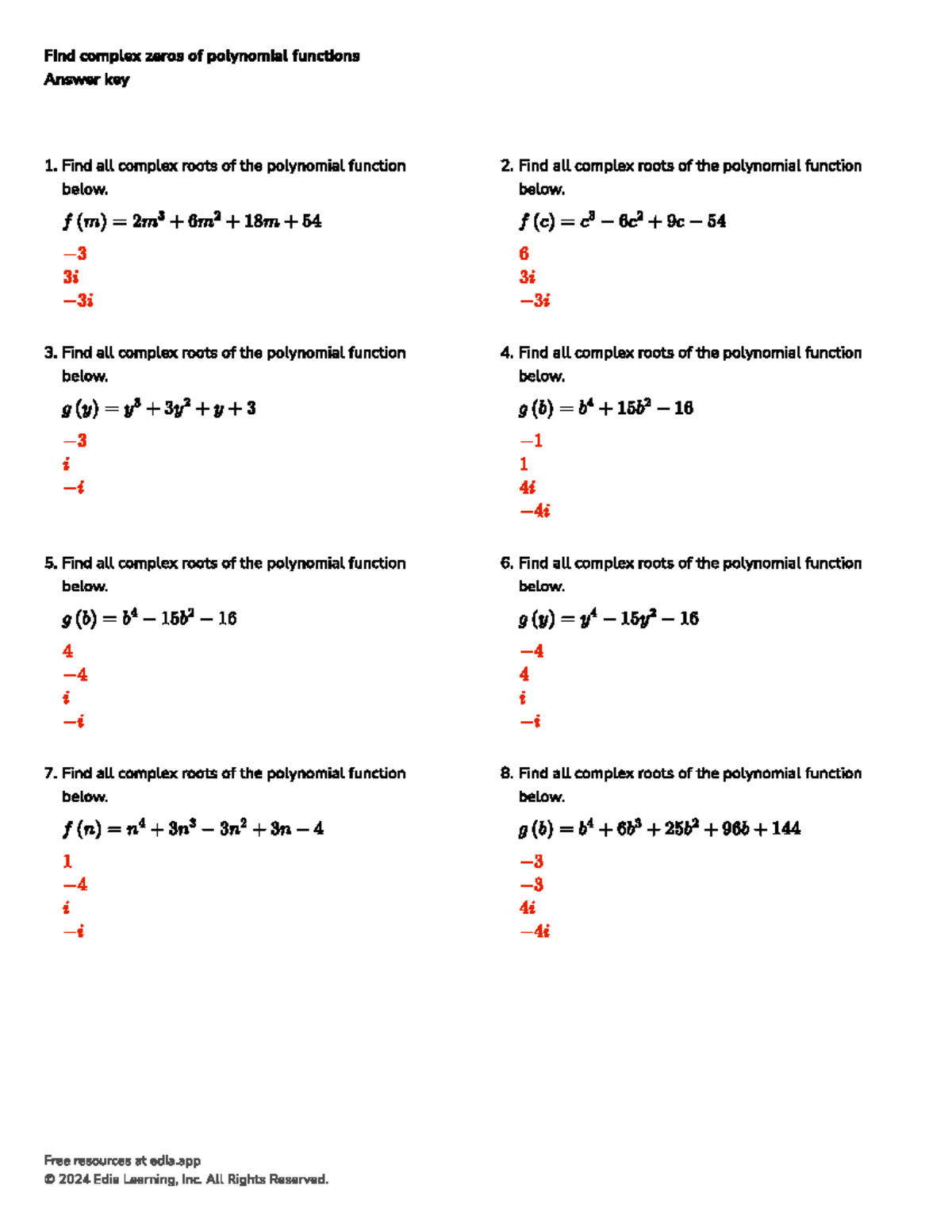 Complex zeros sheet 1 keys - Find complex zeros of polynomial functions ...