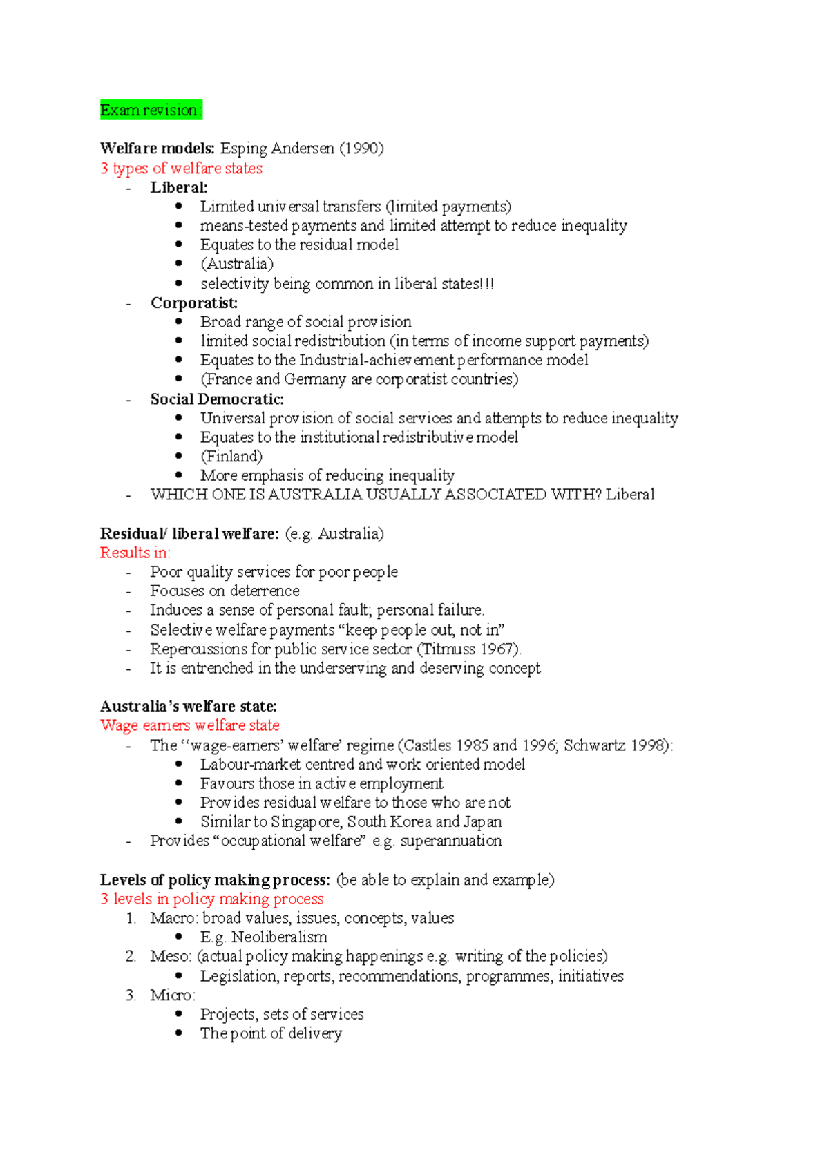 Exam revision- Week 13 - Summary HAS - Exam revision: Welfare models ...