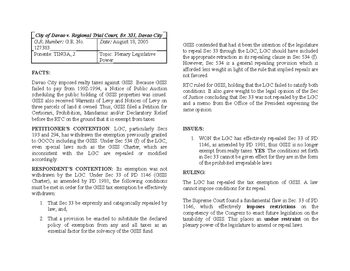 [34] City of Davao v RTC - Digest - City of Davao v. Regional Trial Court, Br. XII, Davao City G ...
