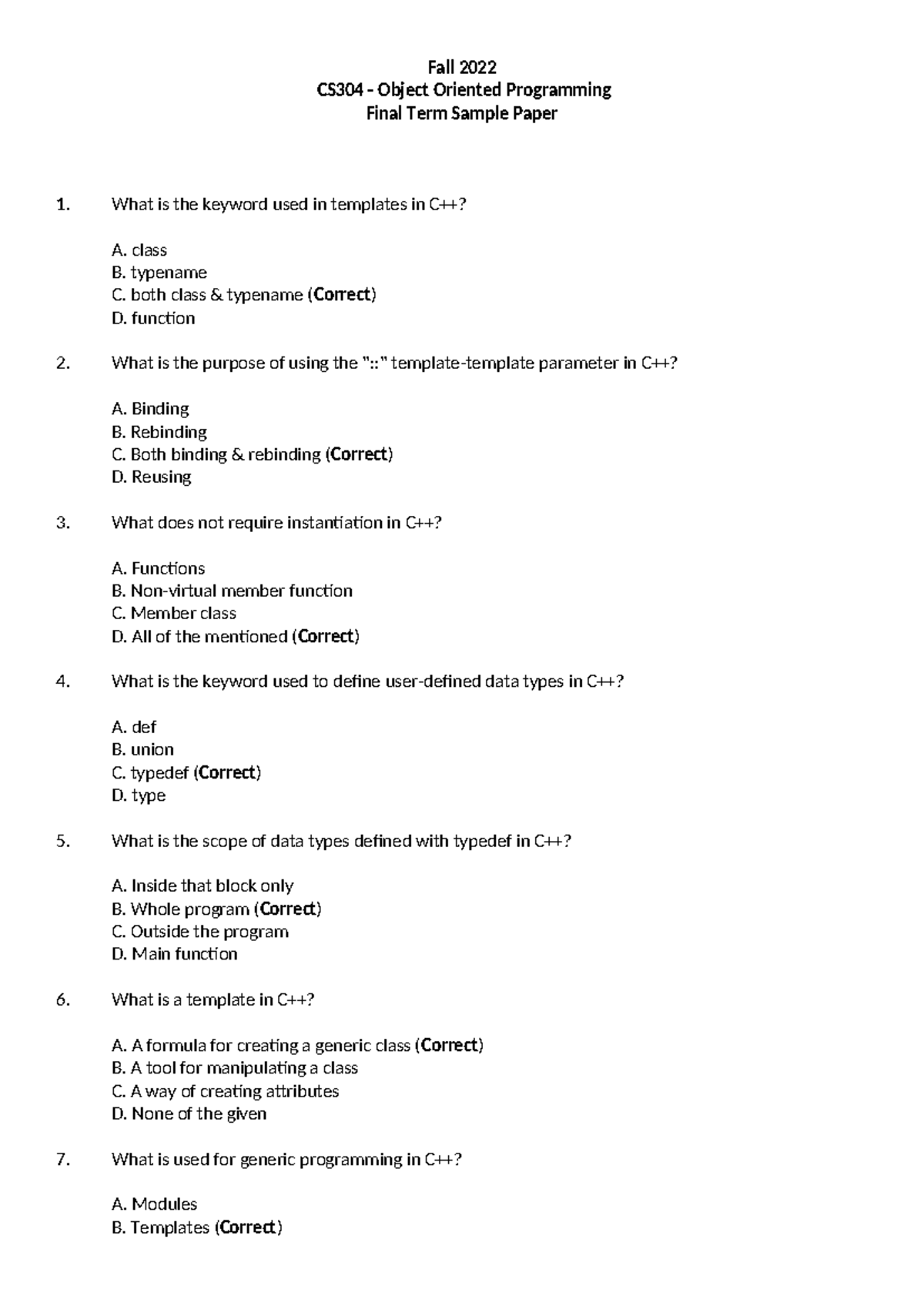 Sample Paper - Fall 2022 CS304 - Object Oriented Programming Final Term Sample Paper What is the ...