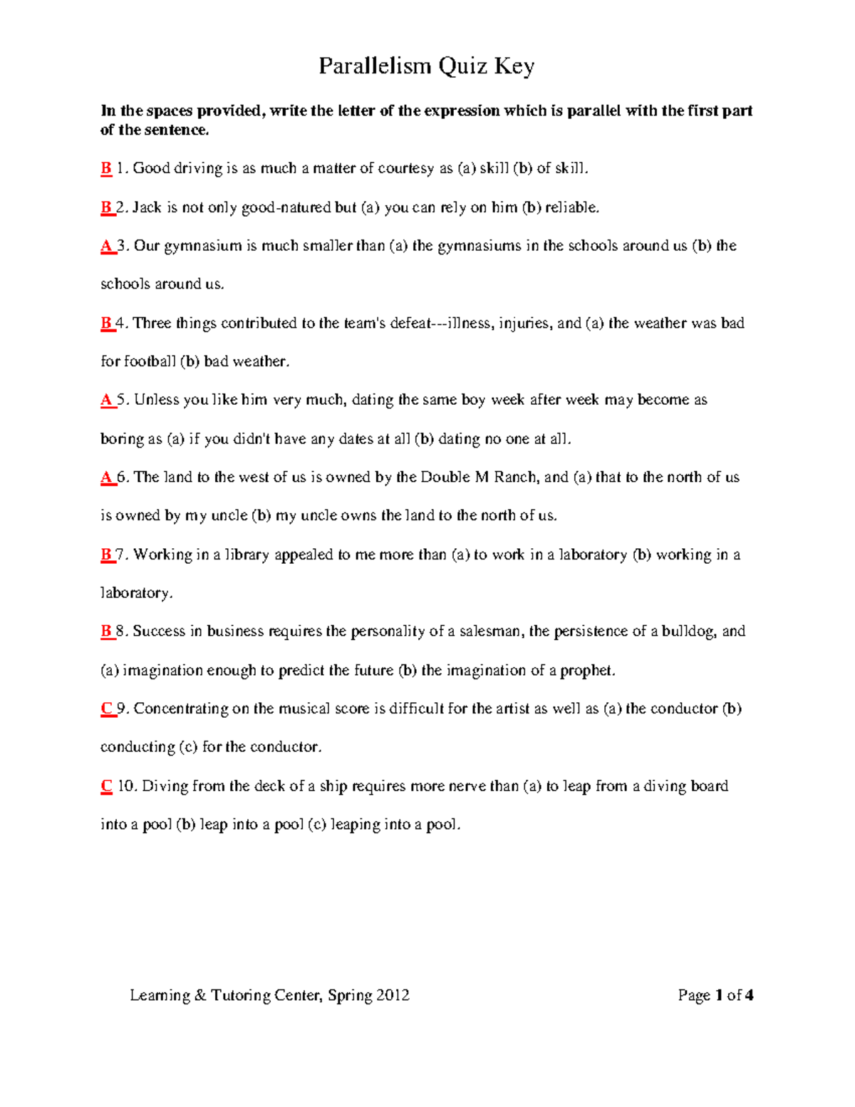 Parallelism Quiz Key - For additional notes - In the spaces provided ...