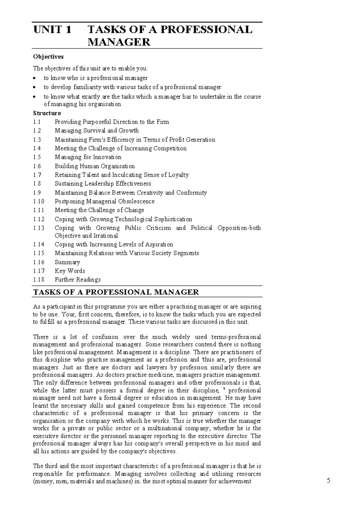 Unit-1 - btech - Tasks of a Professional Manager UNIT 1 TASKS OF A PROFESSIONAL MANAGER ...