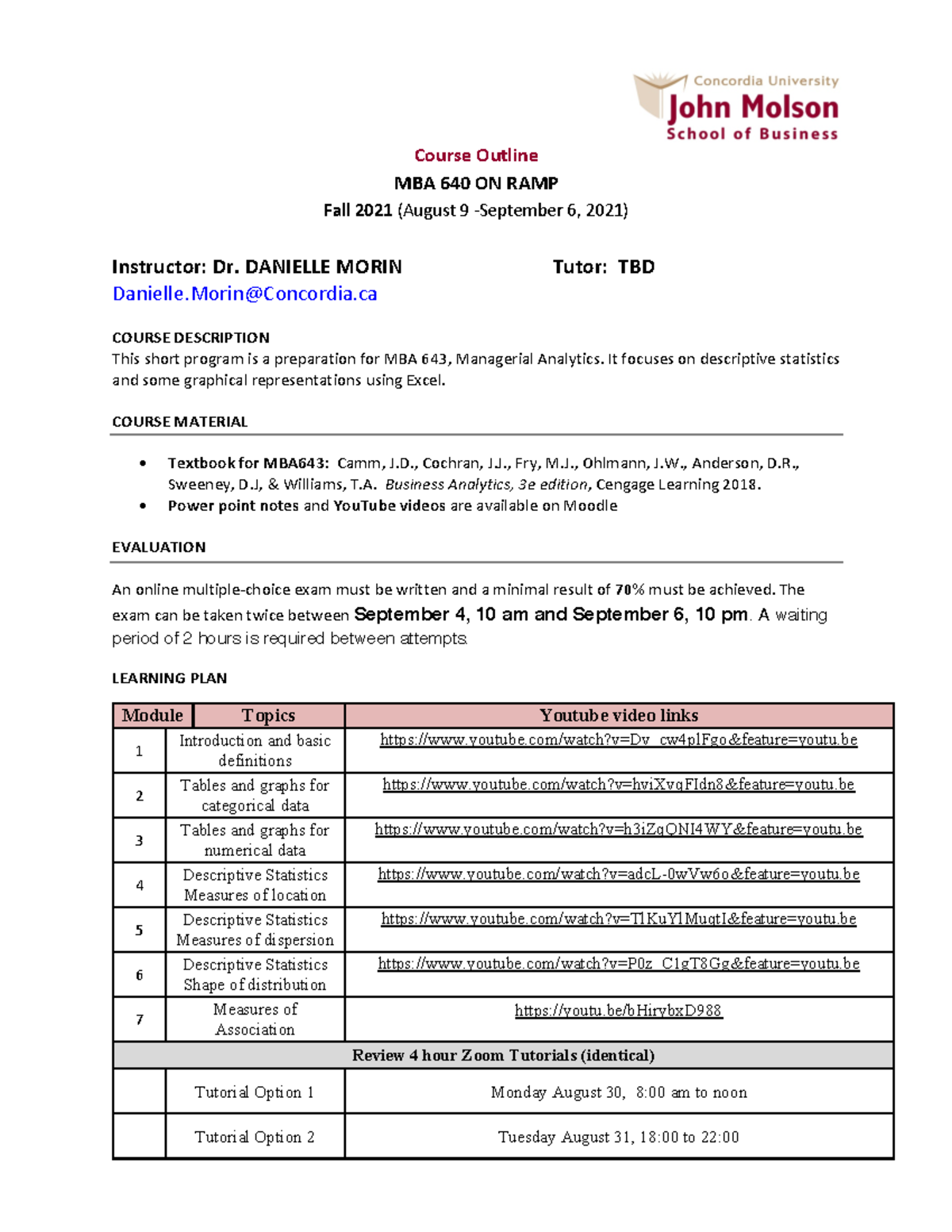 MBA 640 GA - Morin, D. Fall 2021 - Course Outline MBA 640 ON RAMP Fall ...