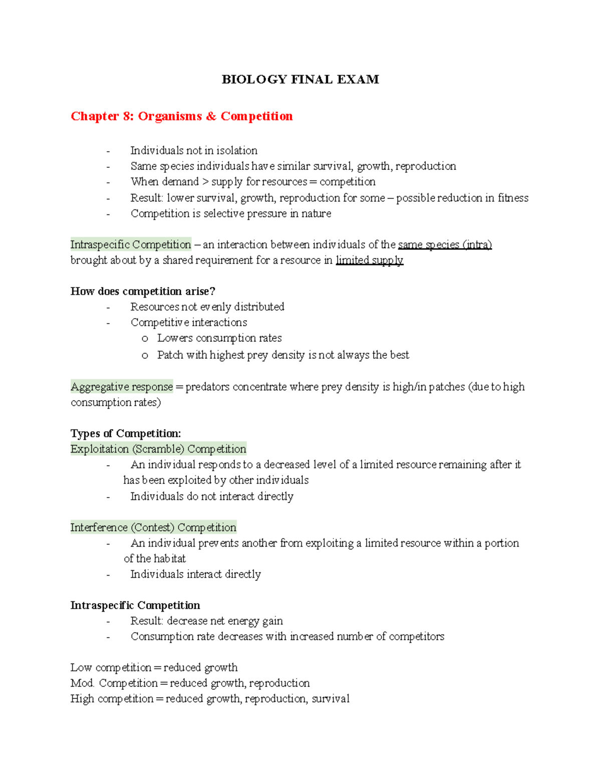 Biology Final EXAM - BIOLOGY FINAL EXAM Chapter 8: Organisms ...
