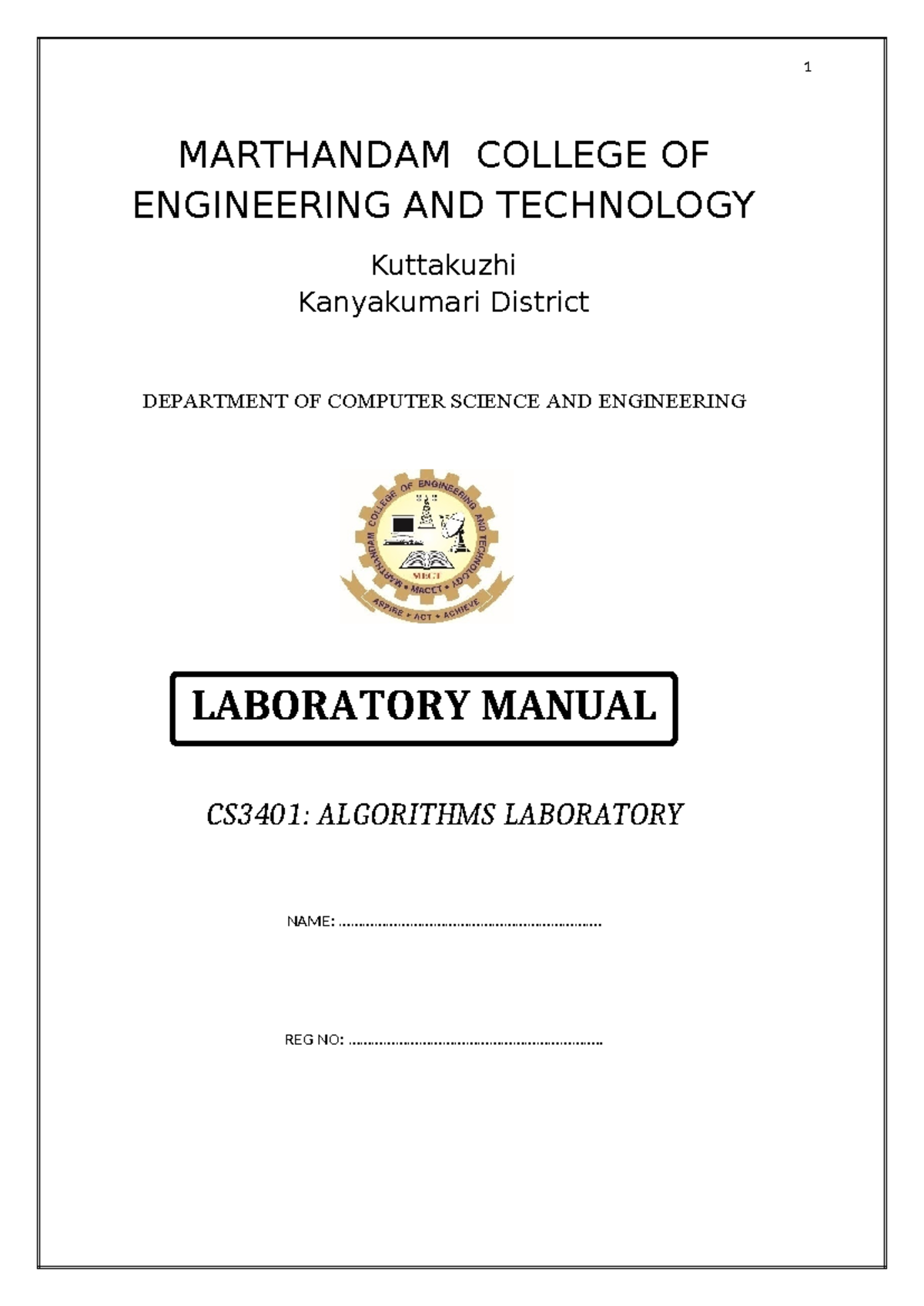 Algorithms Lab Manual CSE final - MARTHANDAM COLLEGE OF ENGINEERING AND ...