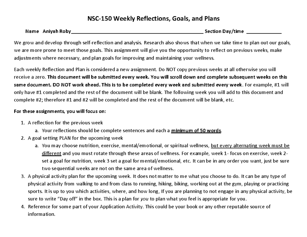 Weekly Reflection and Goals Worksheet 2023 3 - NSC-150 Weekly ...
