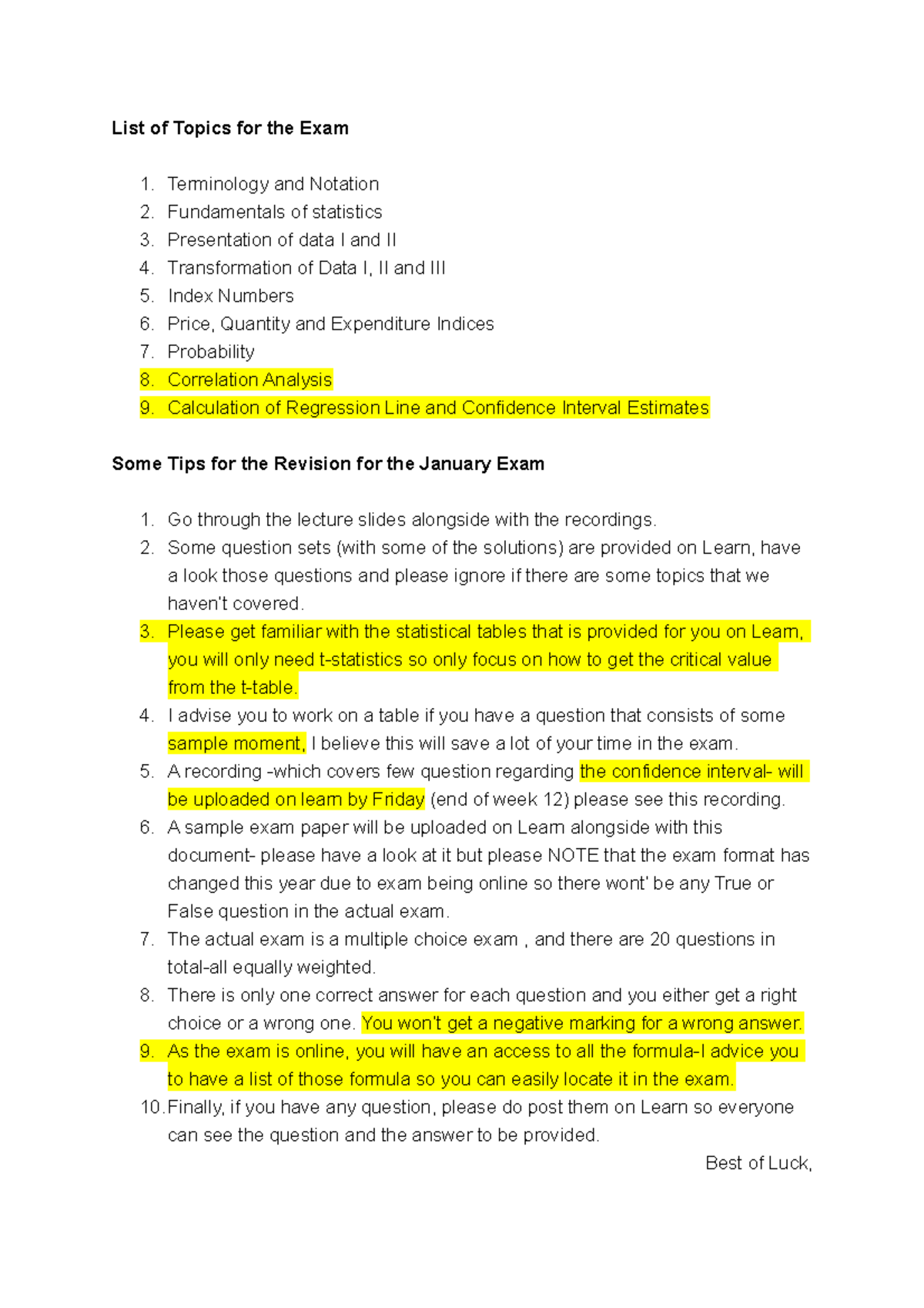 Tips for the Jan Exam - Tips for multiple choice exams - List of Topics ...