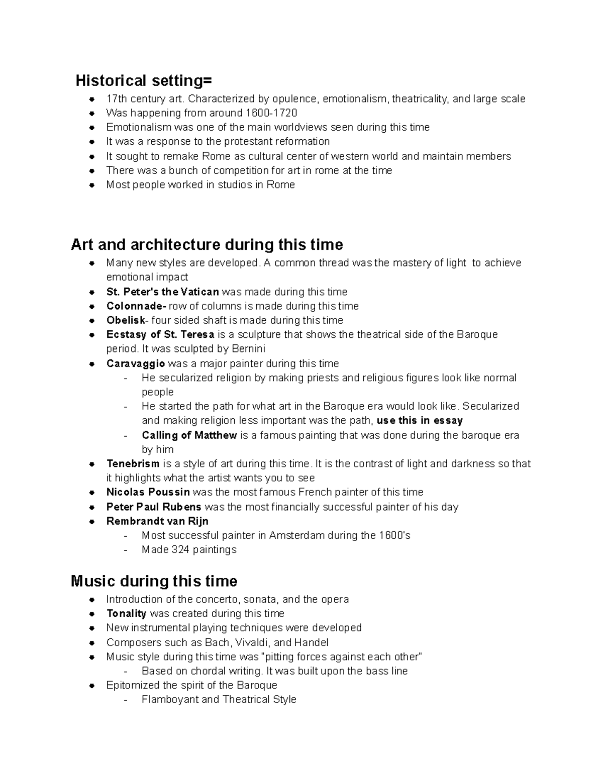 Art final - Historical setting= 17th century art. Characterized by ...