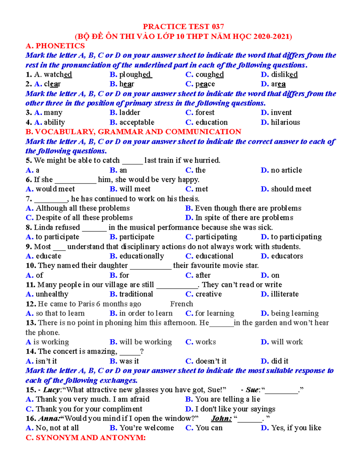 Practice TEST 037 - tieng anh - PRACTICE TEST 037 (BỘ ĐỀ ÔN THI VÀO LỚP ...