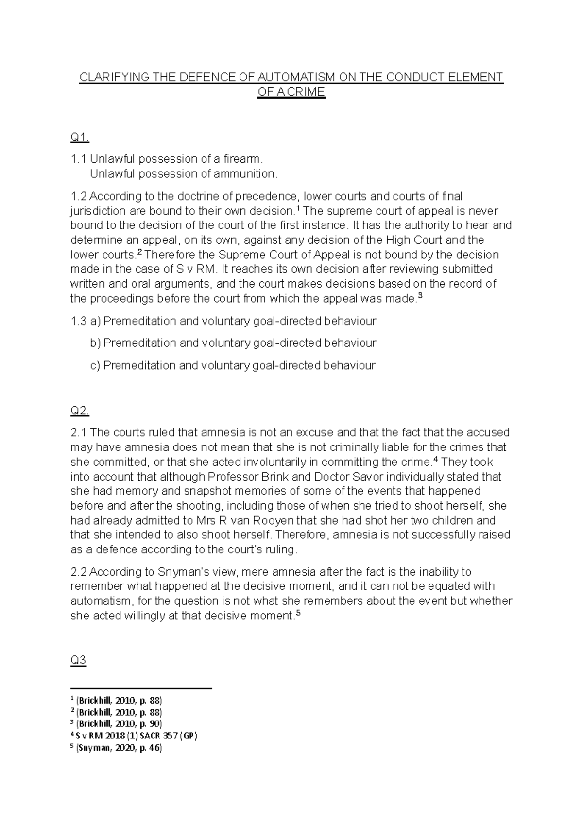 LCRM Assignment 1 pdf CLARIFYING THE DEFENCE OF AUTOMATISM ON THE ...