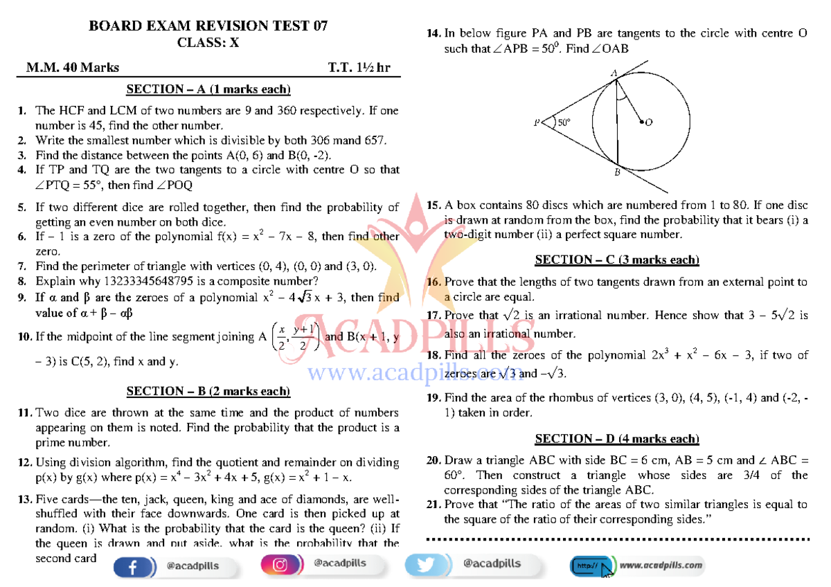 Math revision test papers 7 - BOARD EXAM REVISION TEST 07 CLASS: X M ...