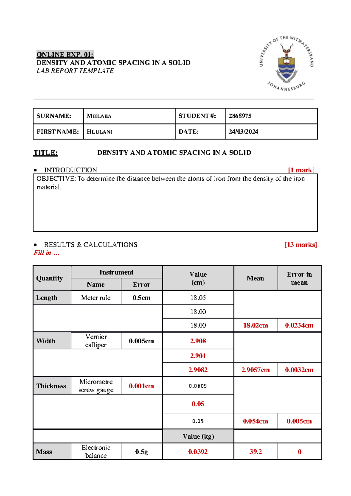 Online Exp01 - Density & Atomic Spacing - Lab Report Template-2 ...