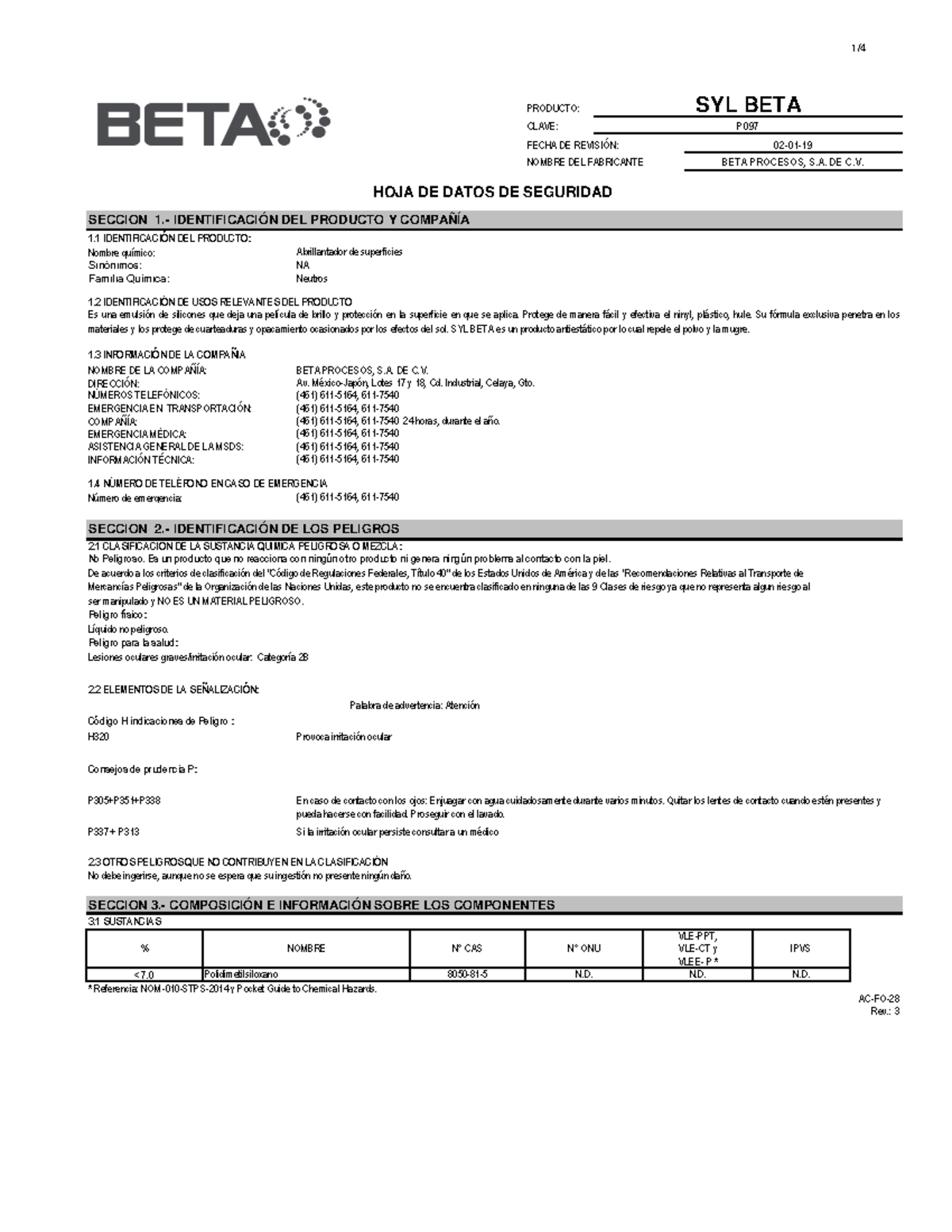 Abrillantador DE Superficies (SYL BETA)→ GHS - PRODUCTO: CLAVE: FECHA DE REVISI”N: NOMBRE DEL ...