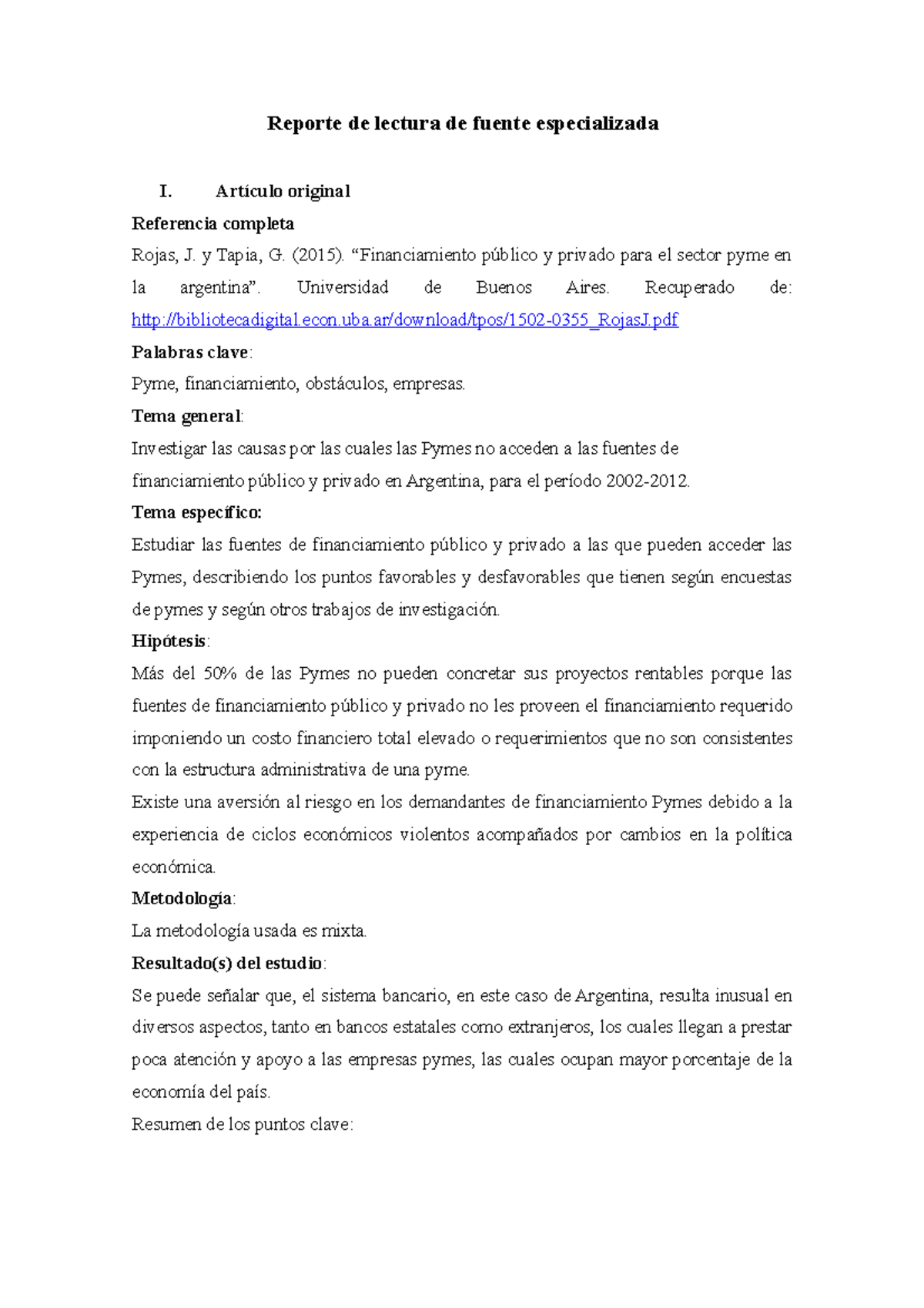 Reporte de lectura - Artículo original Referencia completa Rojas, J. y ...