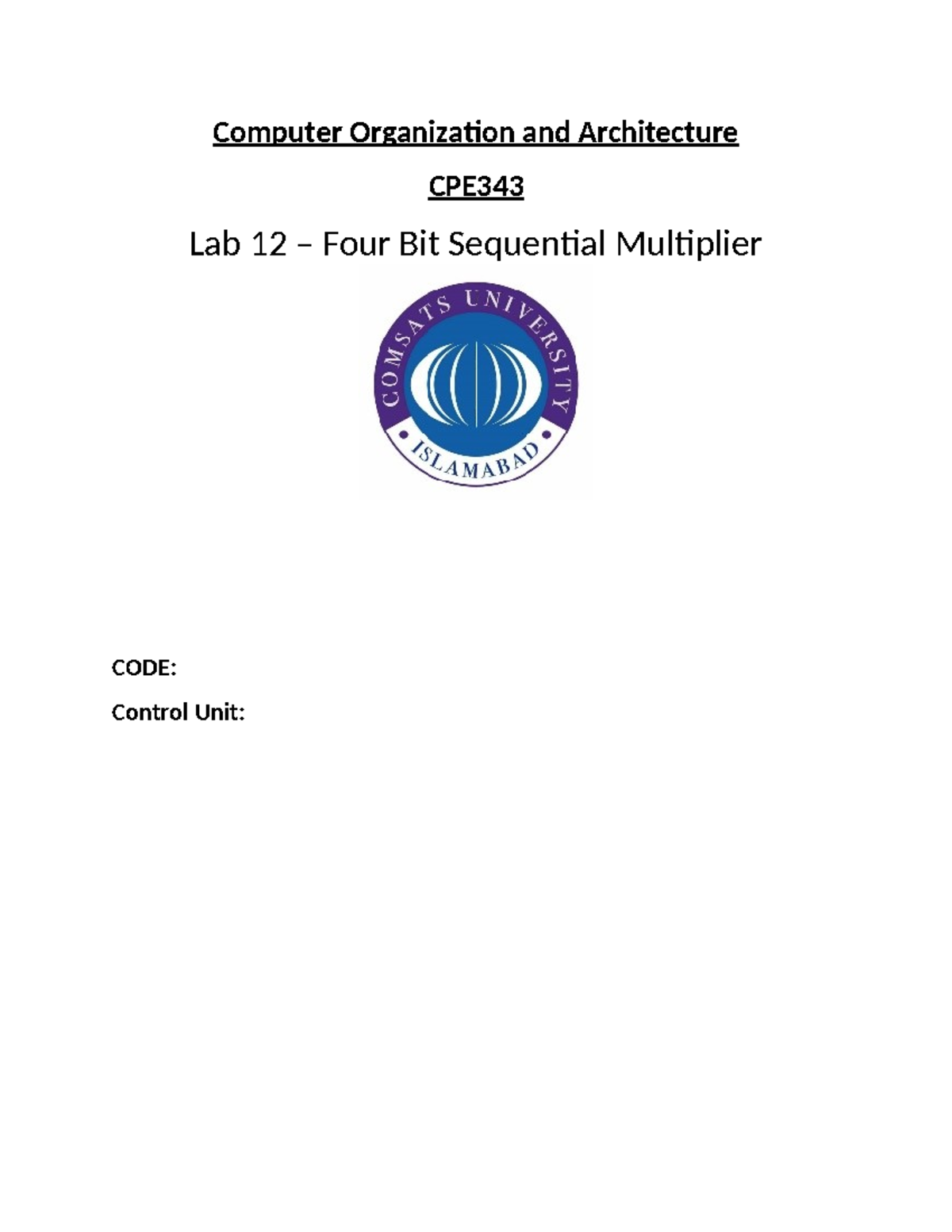 CPE343-Lab 12 - LAB REPORT 12 - Computer Organization and Architecture - Computer Organization ...