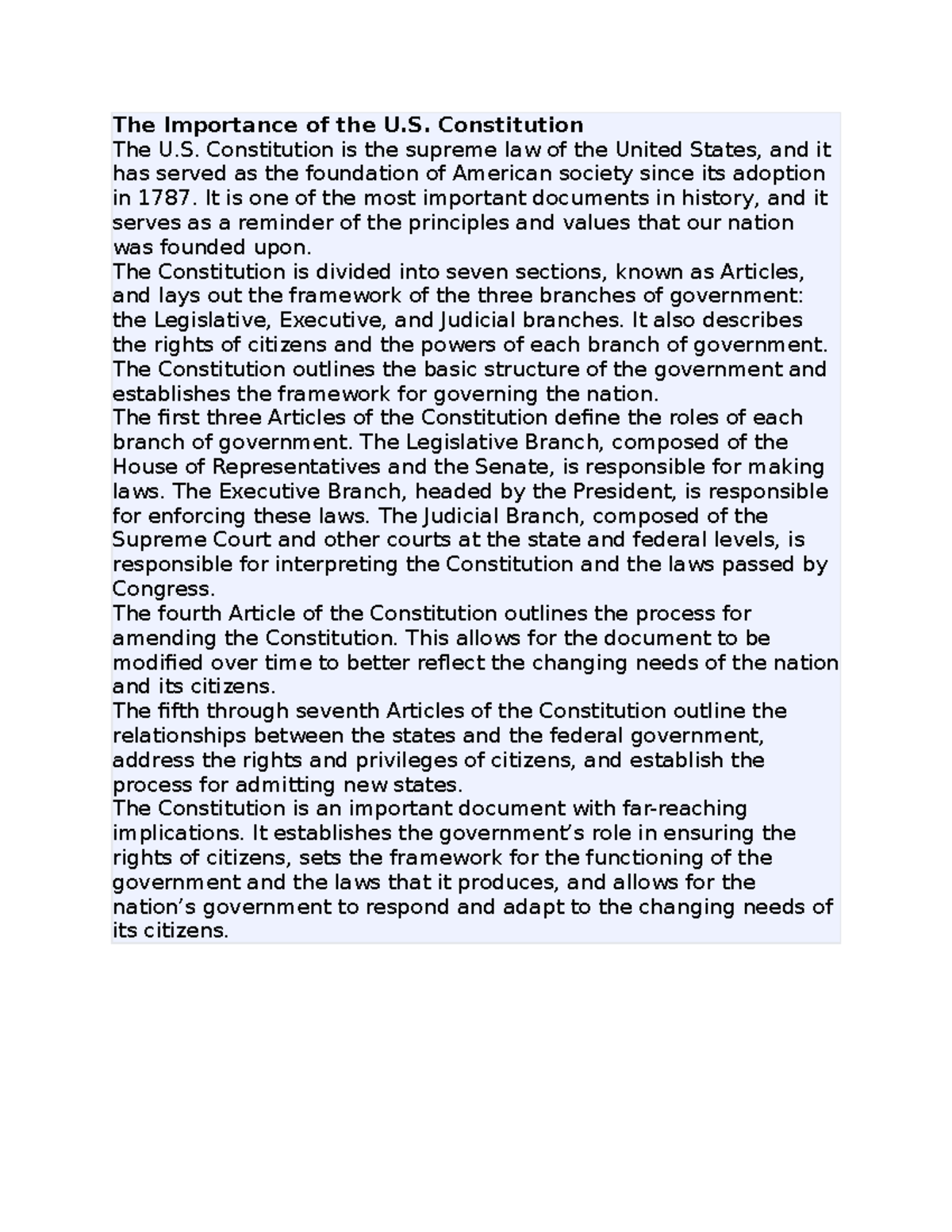 The Importance of the US Constitution - The Importance of the U ...