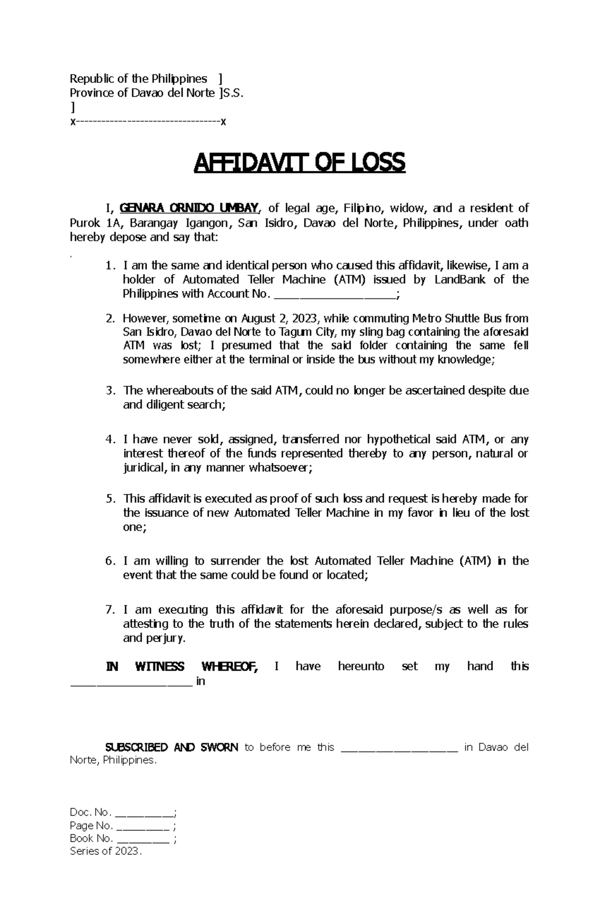 Loss 1 - loss - Republic of the Philippines ] Province of Davao del ...