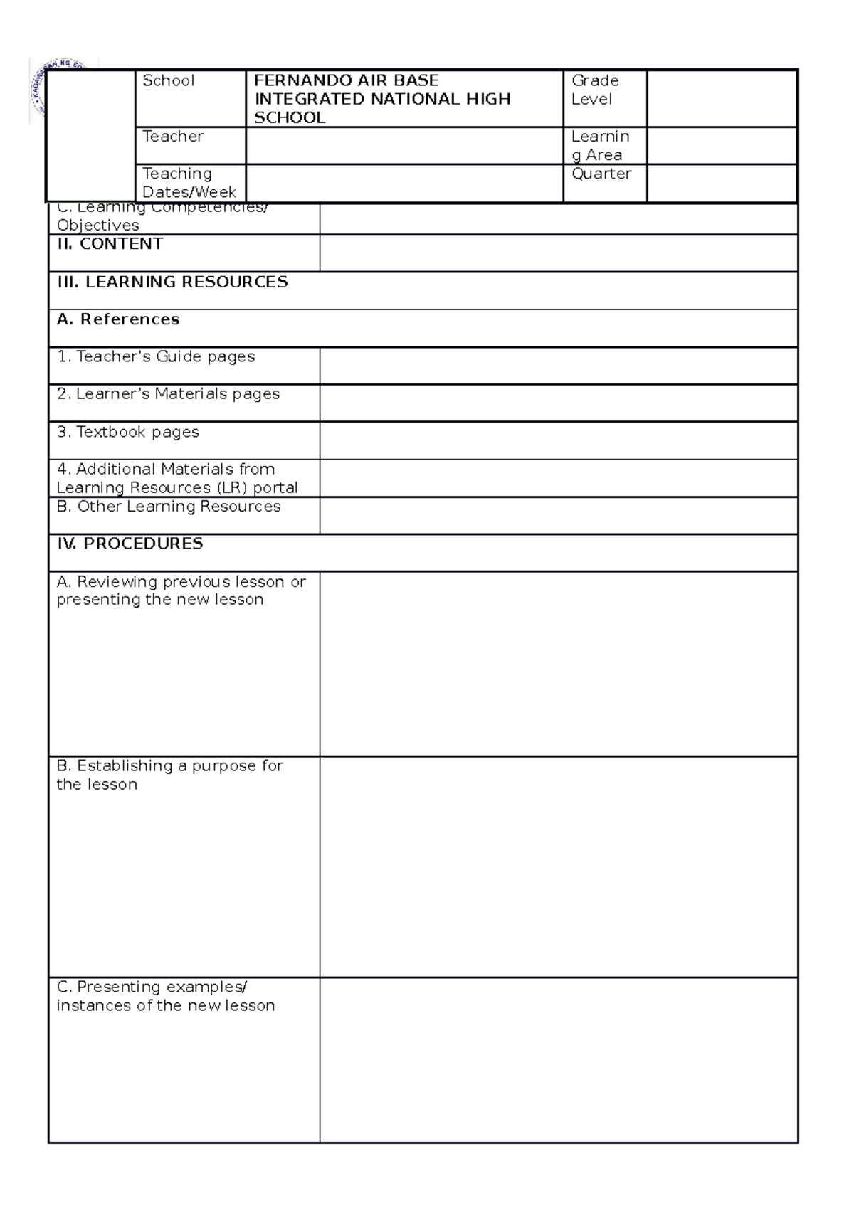 DLL DLP CO English - I. OBJECTIVES A. Content Standards B. Performance ...