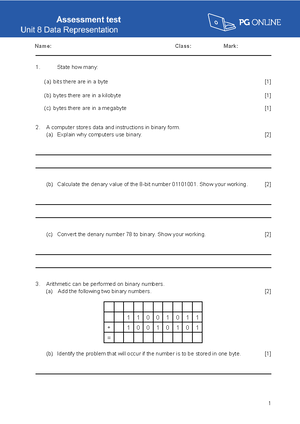 Unit 2 Assessment Test - Data representation - Name: Class: Mark: 1 ...