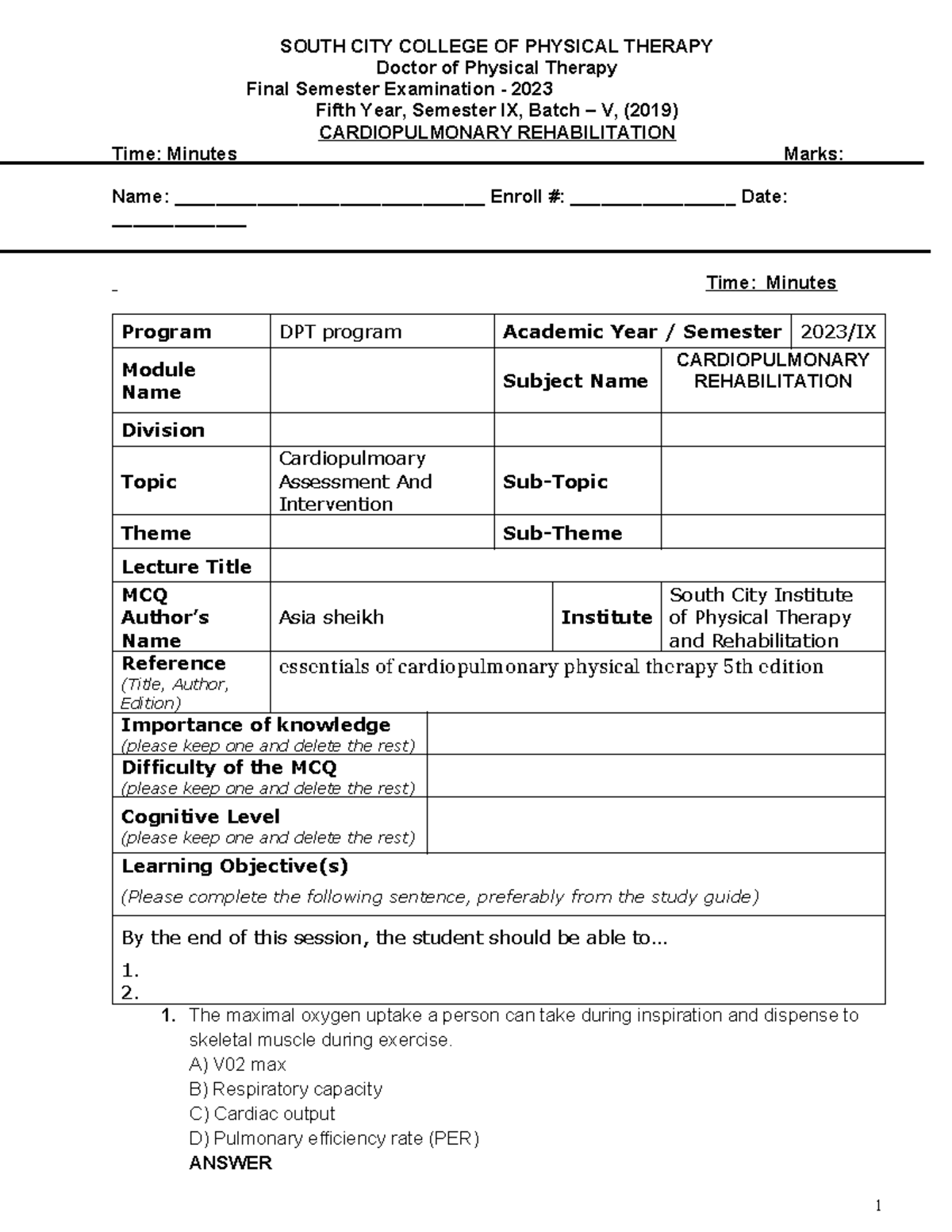 CPR Paper 2 - SOUTH CITY COLLEGE OF PHYSICAL THERAPY Doctor of Physical ...