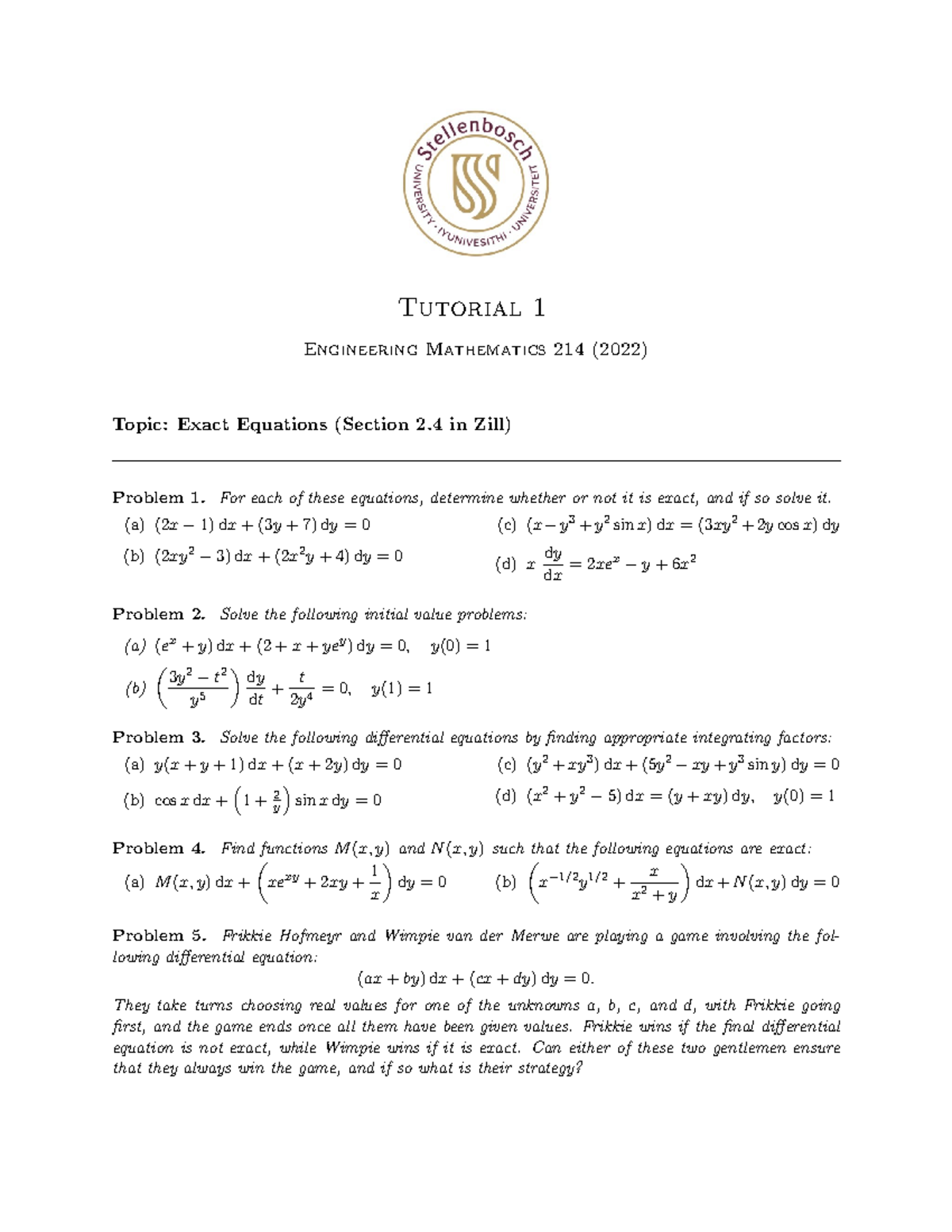 Tutorial 1 - Tutorial 1 Engineering Mathematics 214 (2022) Topic: Exact ...