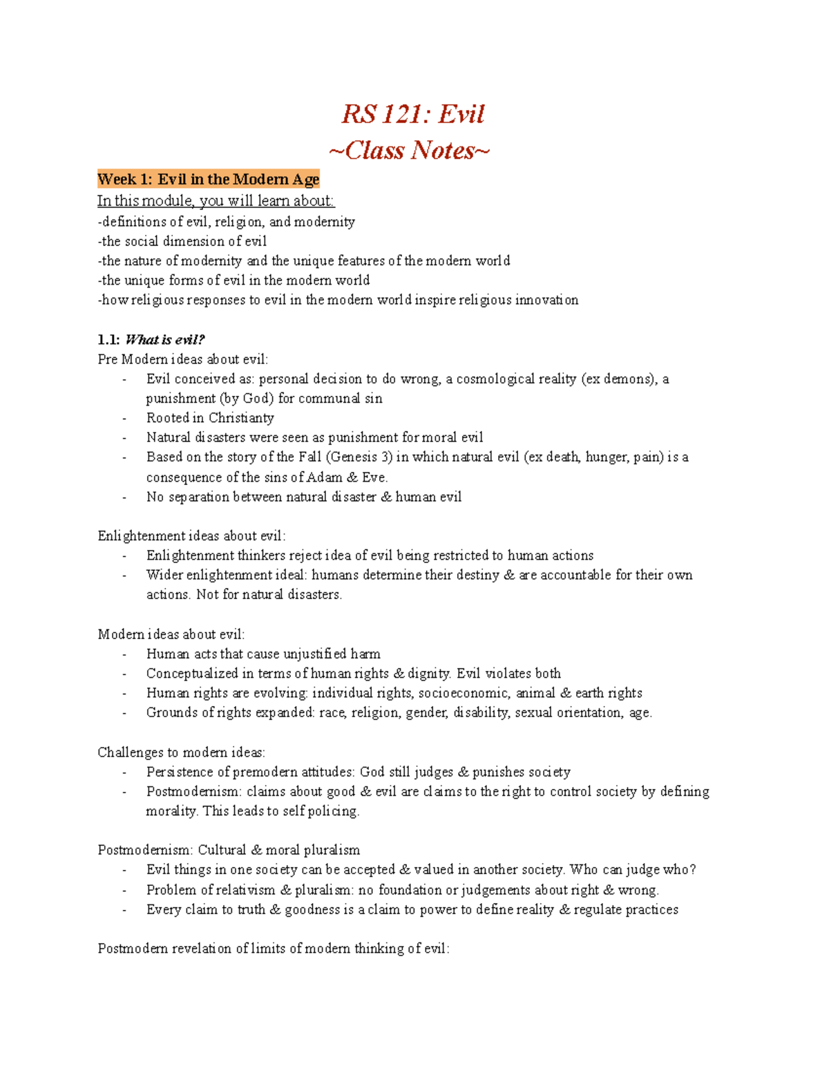 RS 121: Evil (module 1-3 notes) - RS 121: Evil Class Notes Week 1: Evil ...