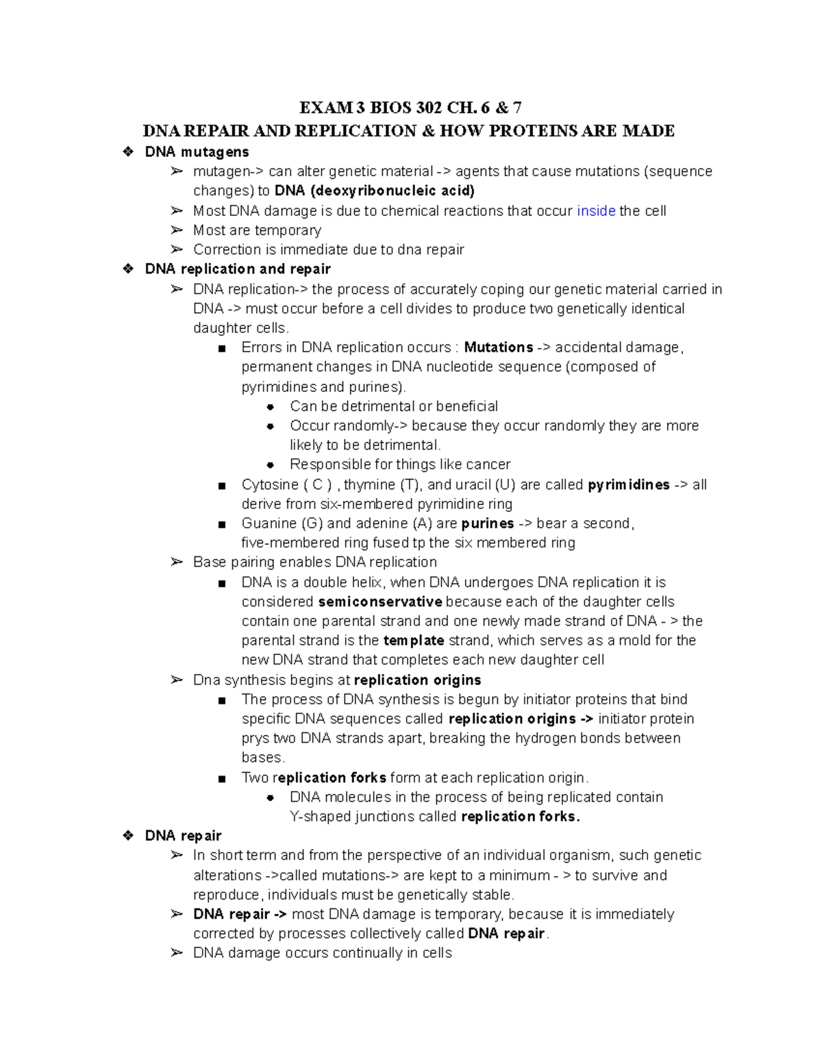 unit 3 notes for bios 302 - EXAM 3 BIOS 302 CH. 6 & 7 DNA REPAIR AND ...