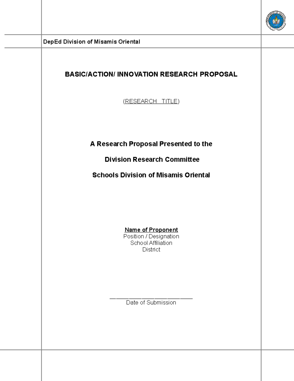 Research Proposal Template 2023 - DepEd Division of Misamis Oriental ...