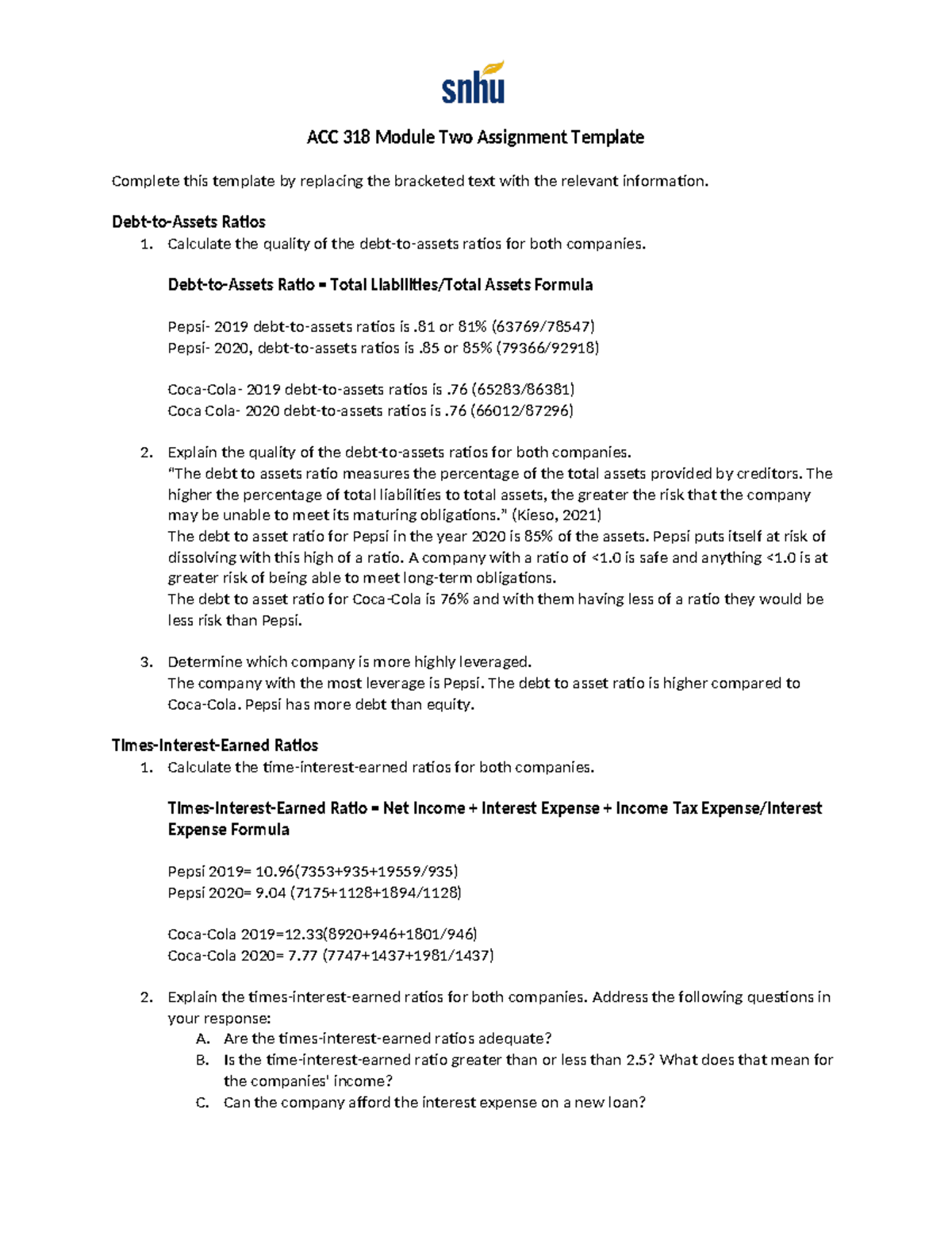 ACC 318 Module Two Assignment - Debt-to-Assets Ratios 1. Calculate the ...
