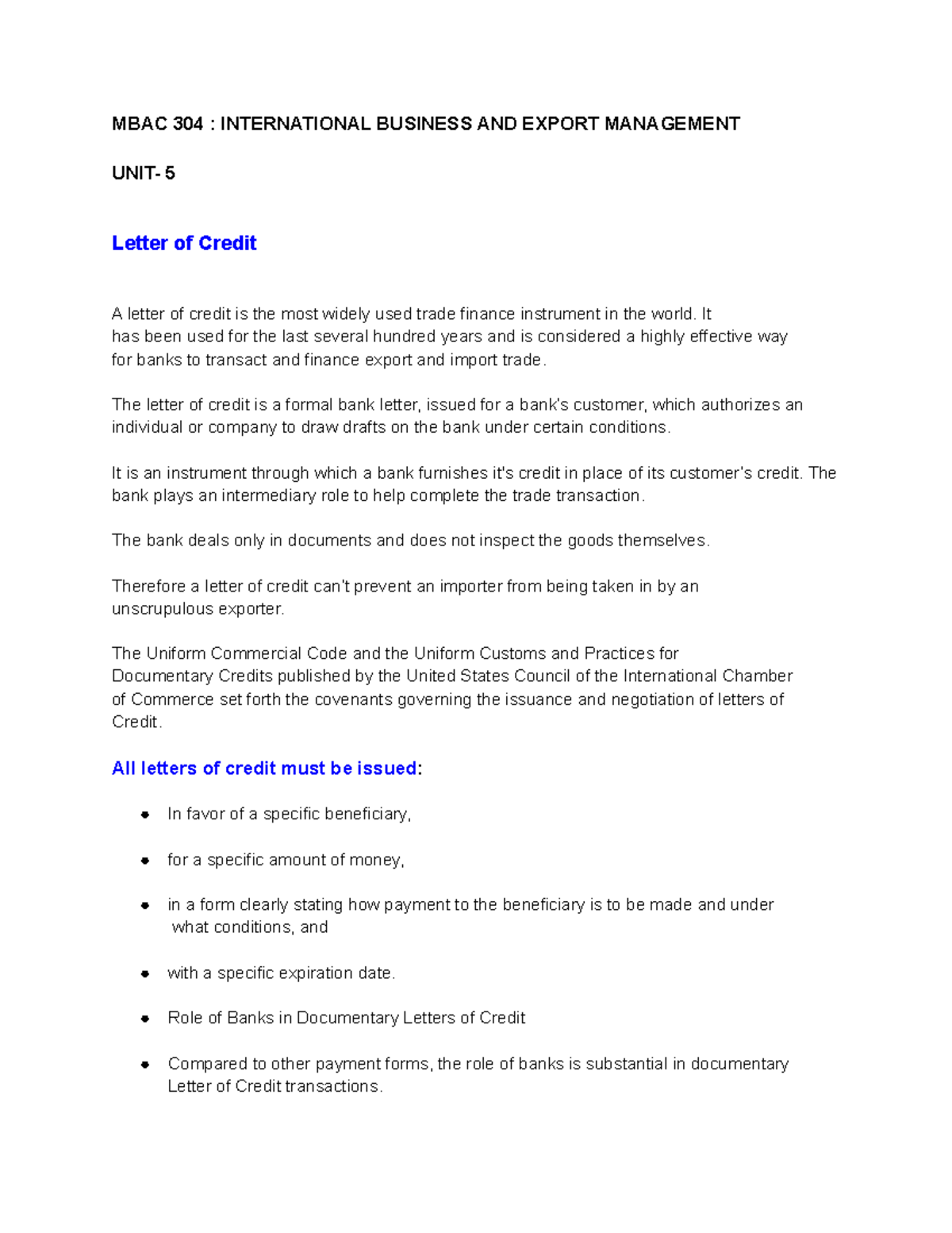 Letter of Credit - MBAC 304 : INTERNATIONAL BUSINESS AND EXPORT ...