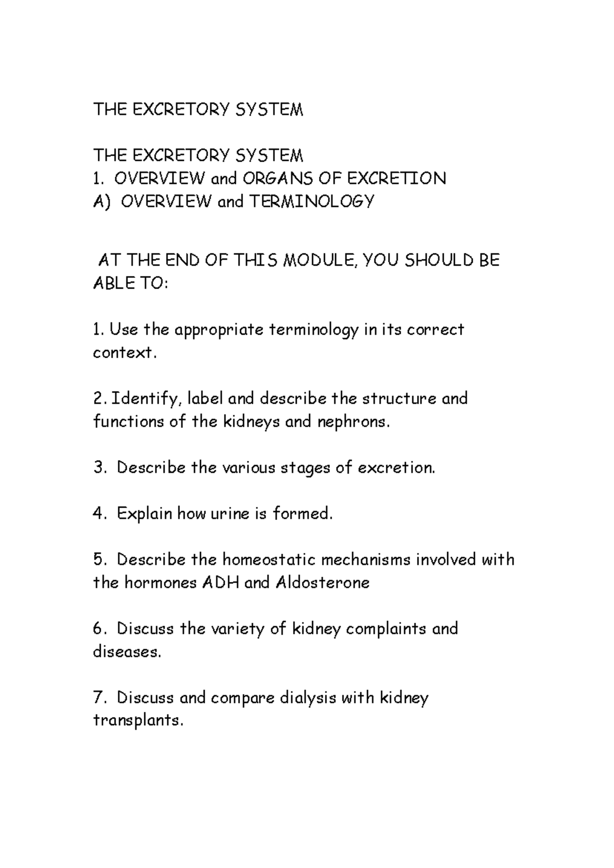 THE Excretory System - Summary Biology - THE EXCRETORY SYSTEM THE ...