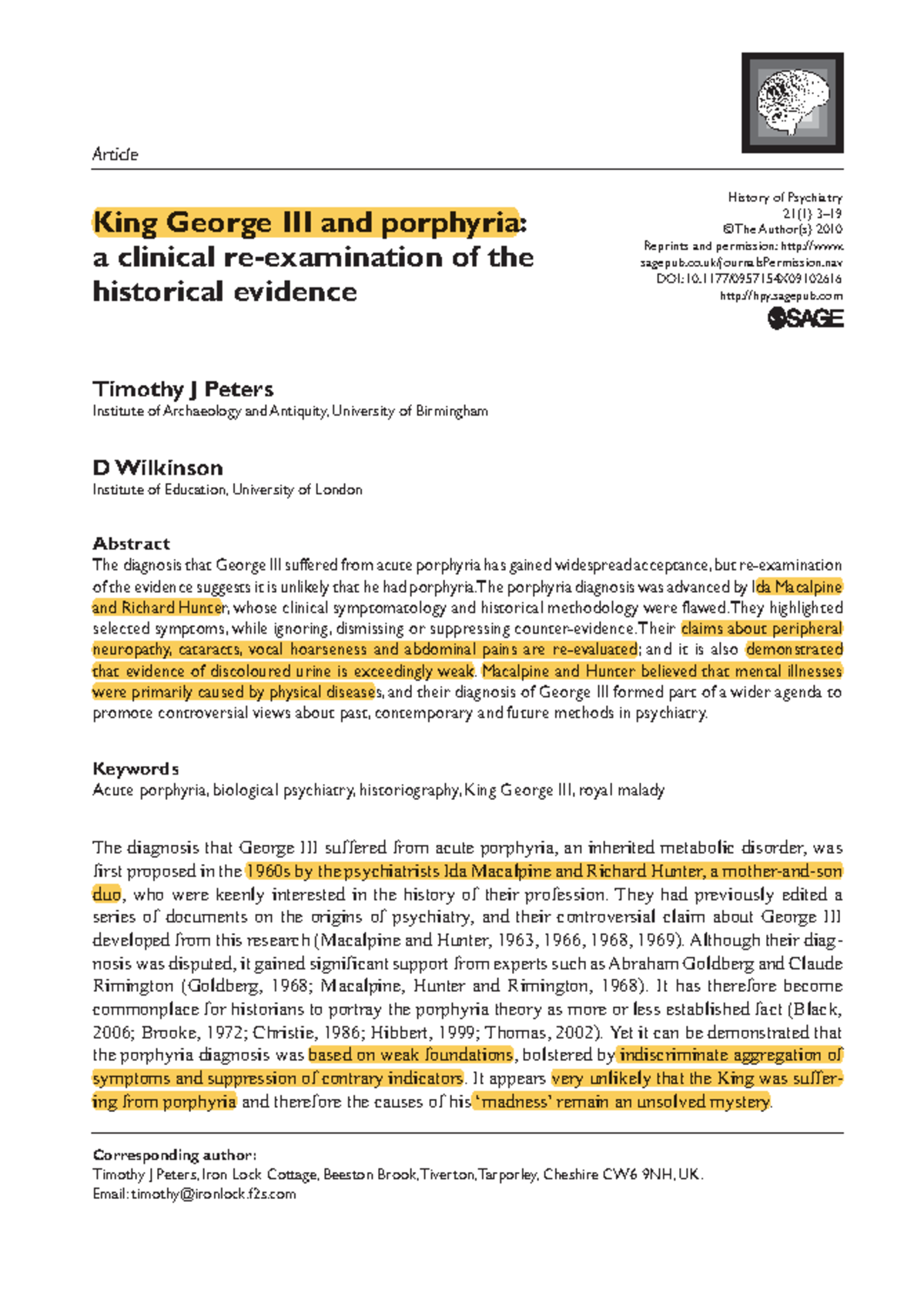 King George III and Porphyria - Their claims about peripheral ...