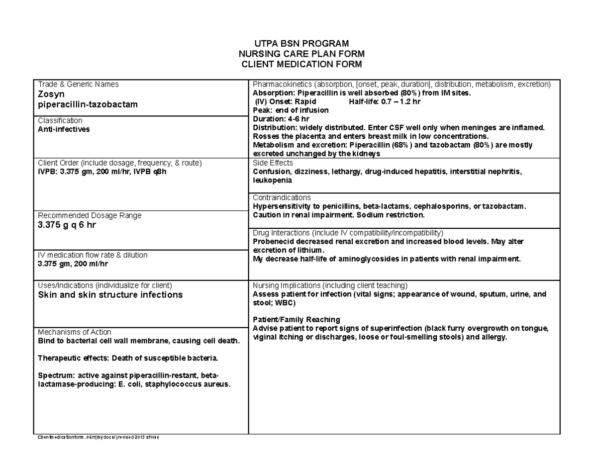 Zosyn (piperacillin-tazobactam) - UTPA BSN PROGRAM NURSING CARE PLAN ...