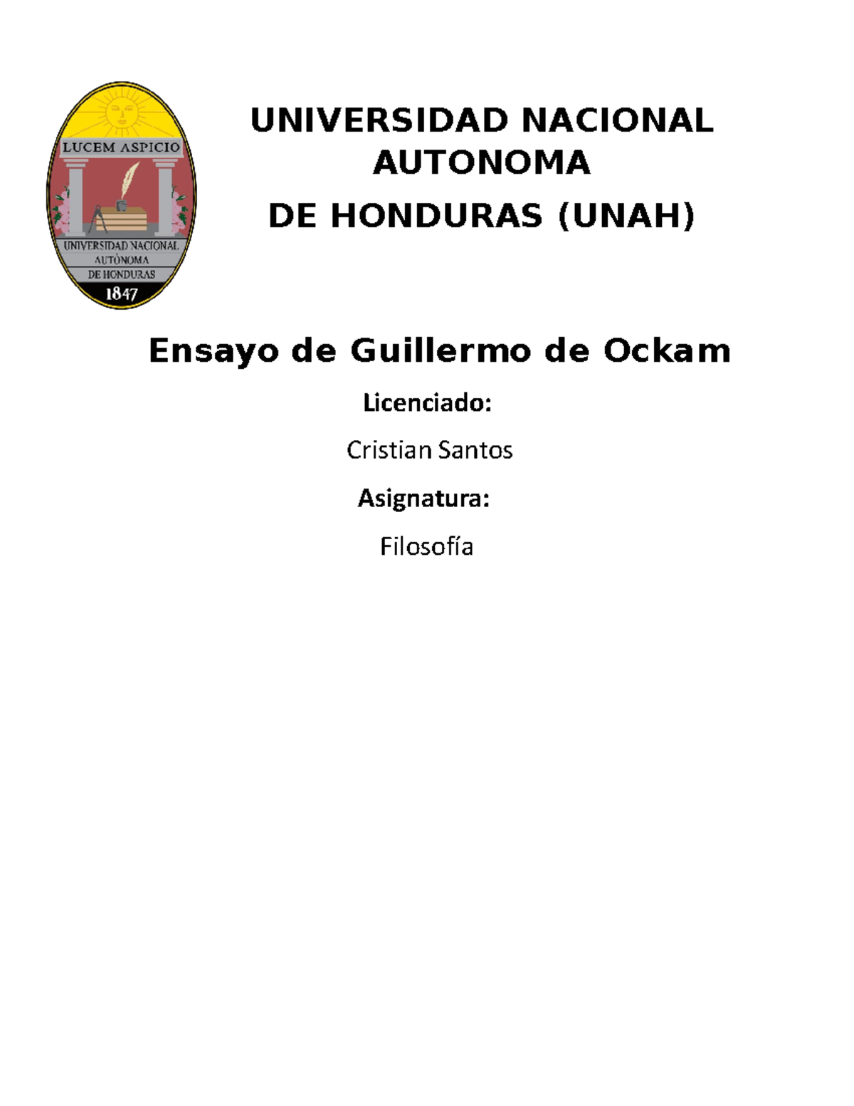 Ensayo de guillermo de ockam - UNIVERSIDAD NACIONAL AUTONOMA DE ...
