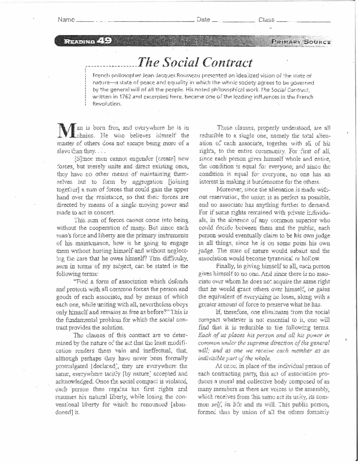 Rousseau Social Contract - [[qrhe [)2[e (_,[ASS The Social Contract 1 I ...