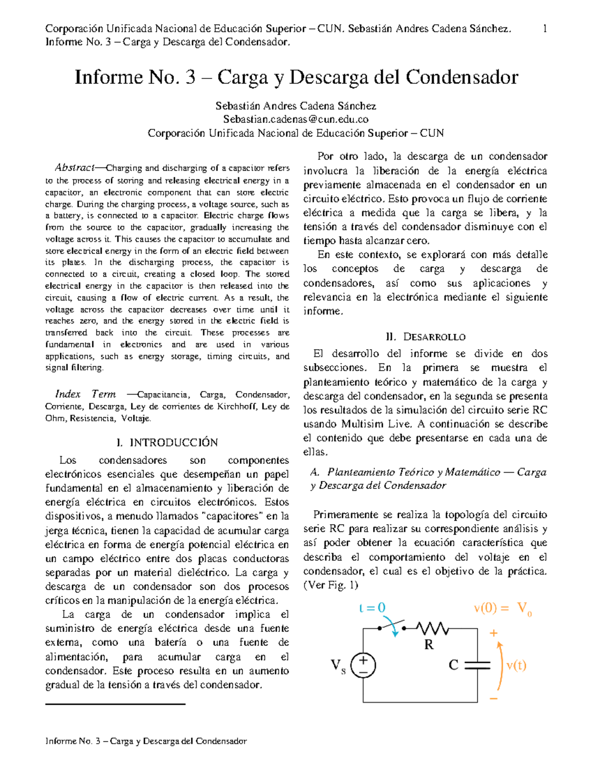 Informe 3 – Circuito serie RC - Informe No. 3 – Carga y Descarga del Condensador. Abstract ...