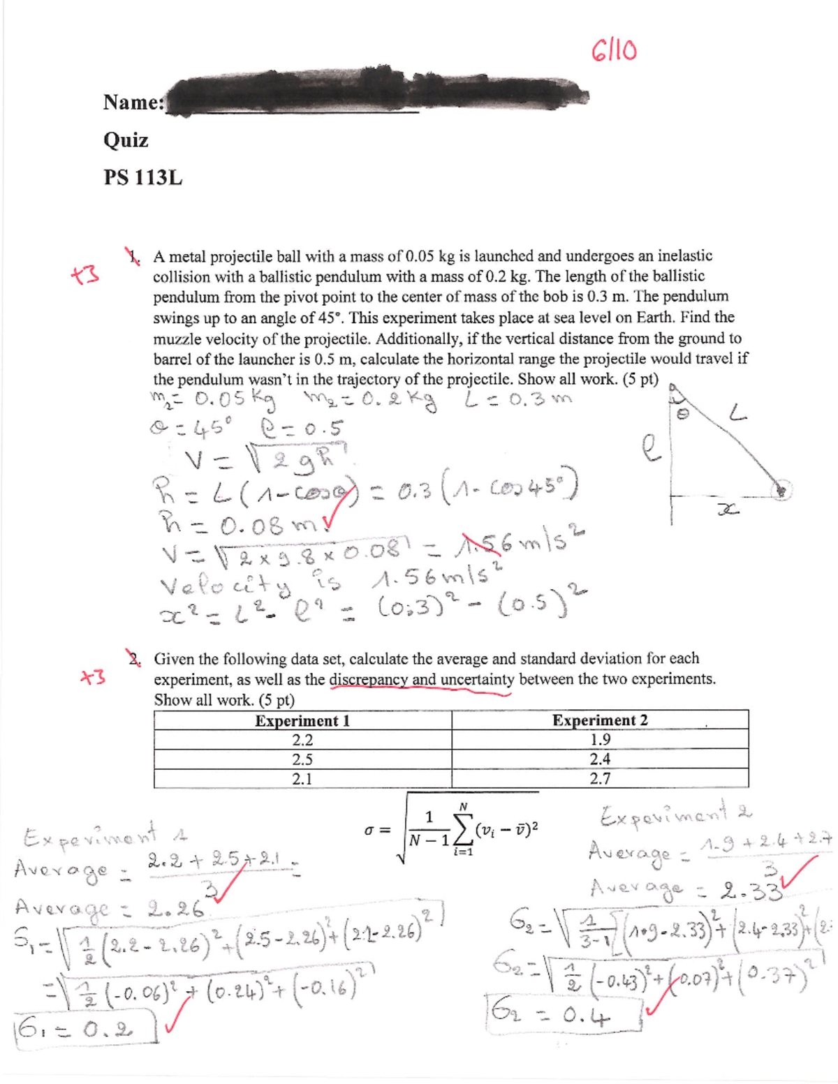 PS 113L - horizontal range projectile, average and standard deviation ...