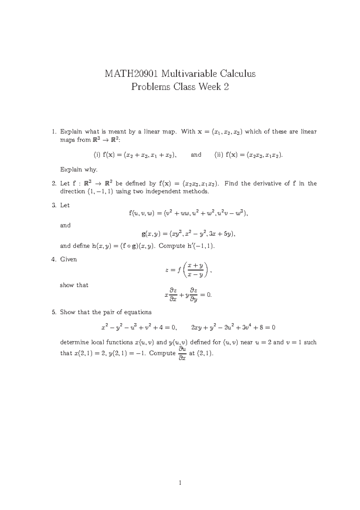 MATH2091 2016-2017 Problem Class - Week 2 - MATH20901 Multivariable ...