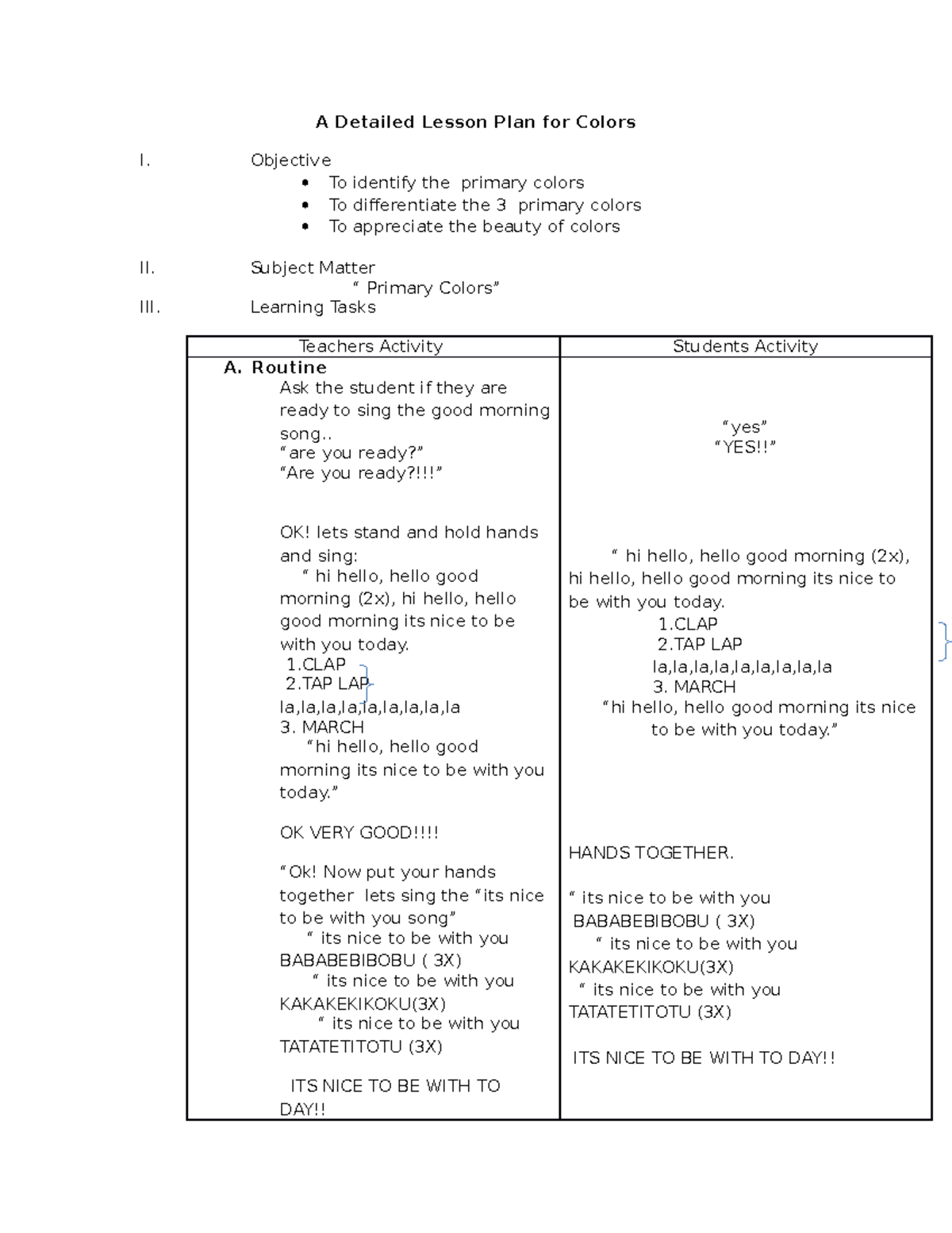 Scribd - Lesson plan - A Detailed Lesson Plan for Colors I. Objective ...