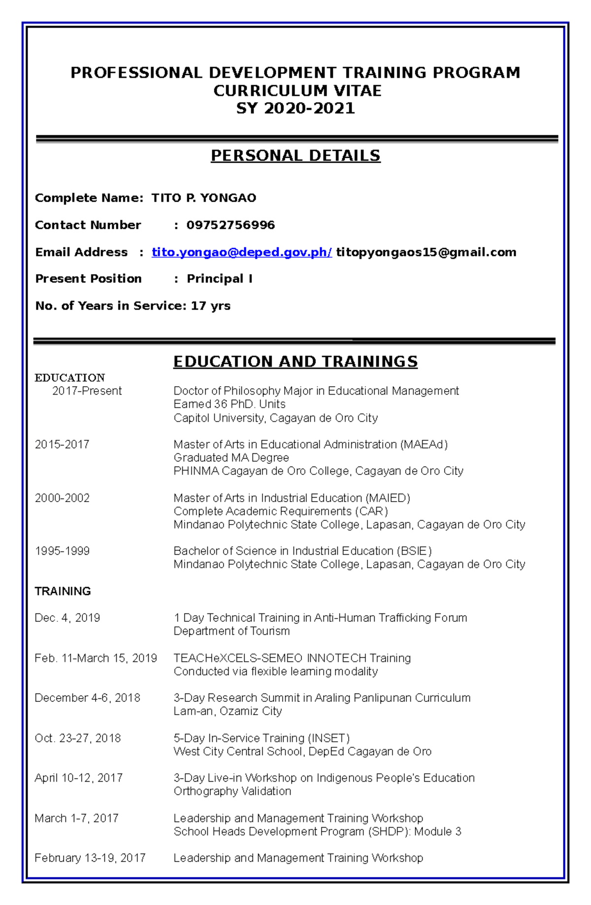 Curriculumvitae as resource speaker - PROFESSIONAL DEVELOPMENT TRAINING ...